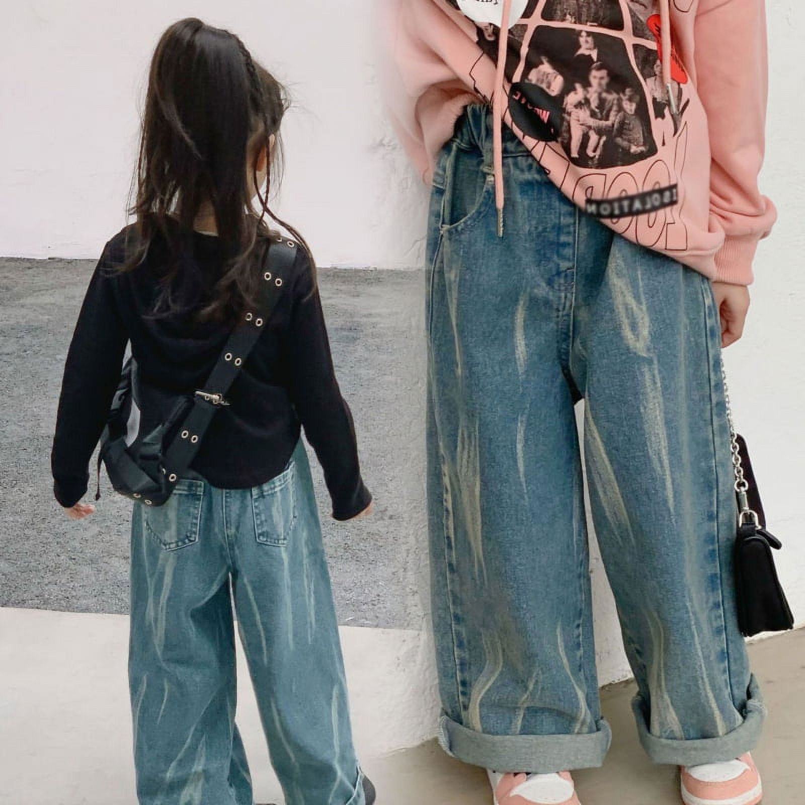 Girls Jeans Denim Elastic Wasit Wide Leg Loose Straight Tie Dyed Pants ...