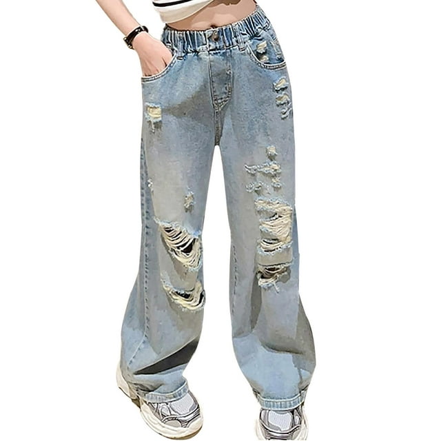 Girls Jeans Denim Elastic Wasit Wide Leg Pants Casual Pocket Bell ...