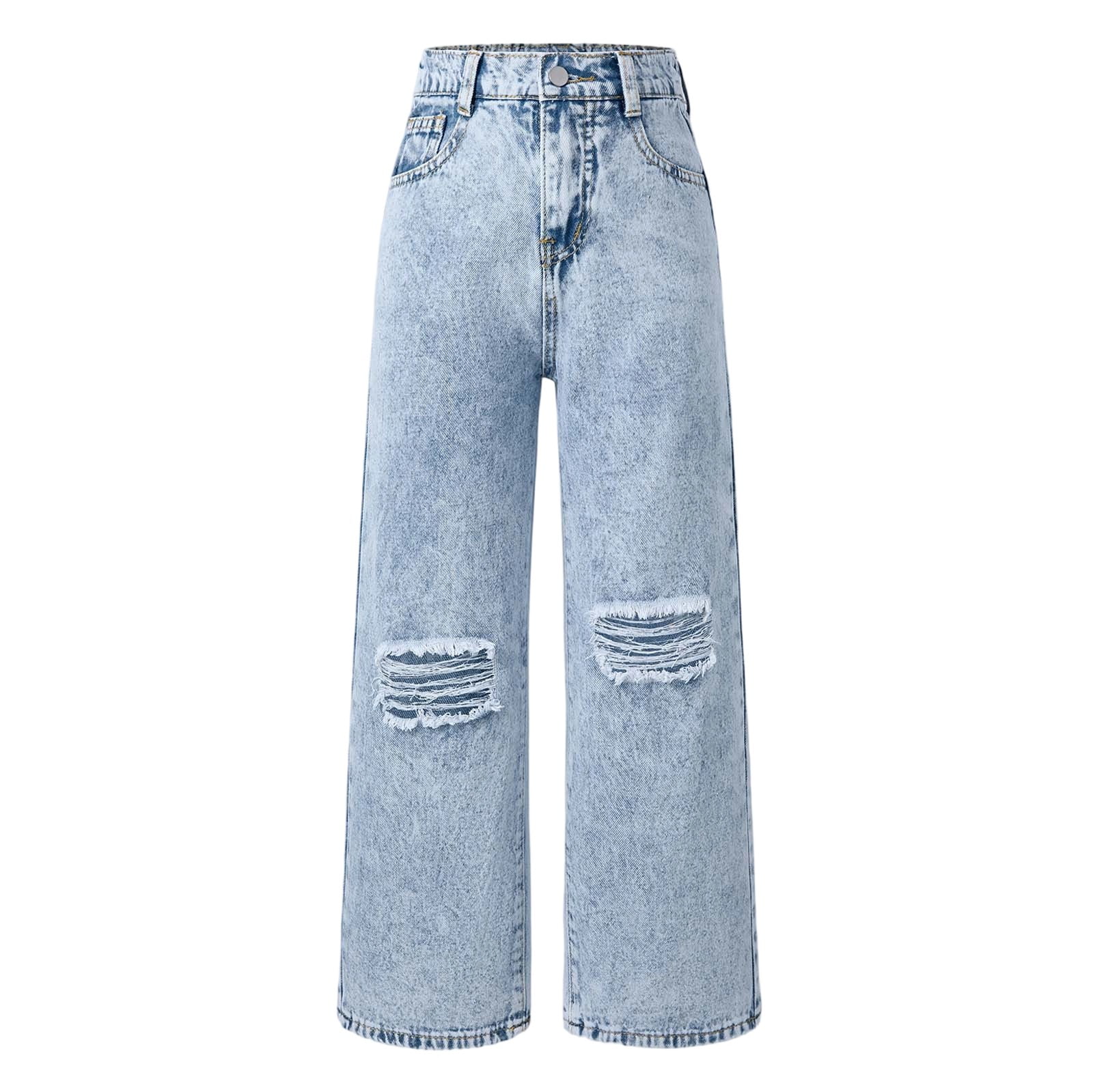 Girls Jeans Distressed Snowflake Wash Wide Leg Jeans for Teen Girls ...