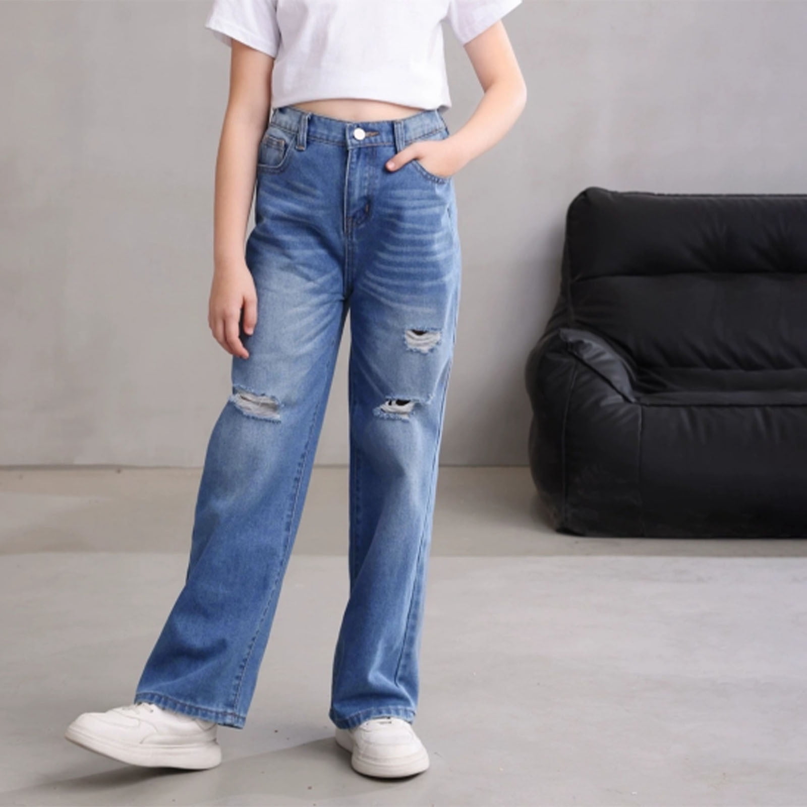 Girls Jeans Distressed Solid Color Wide Leg Casual Versatile Student ...