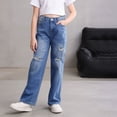 Girls Jeans Distressed Solid Color Wide Leg Casual Versatile Student ...