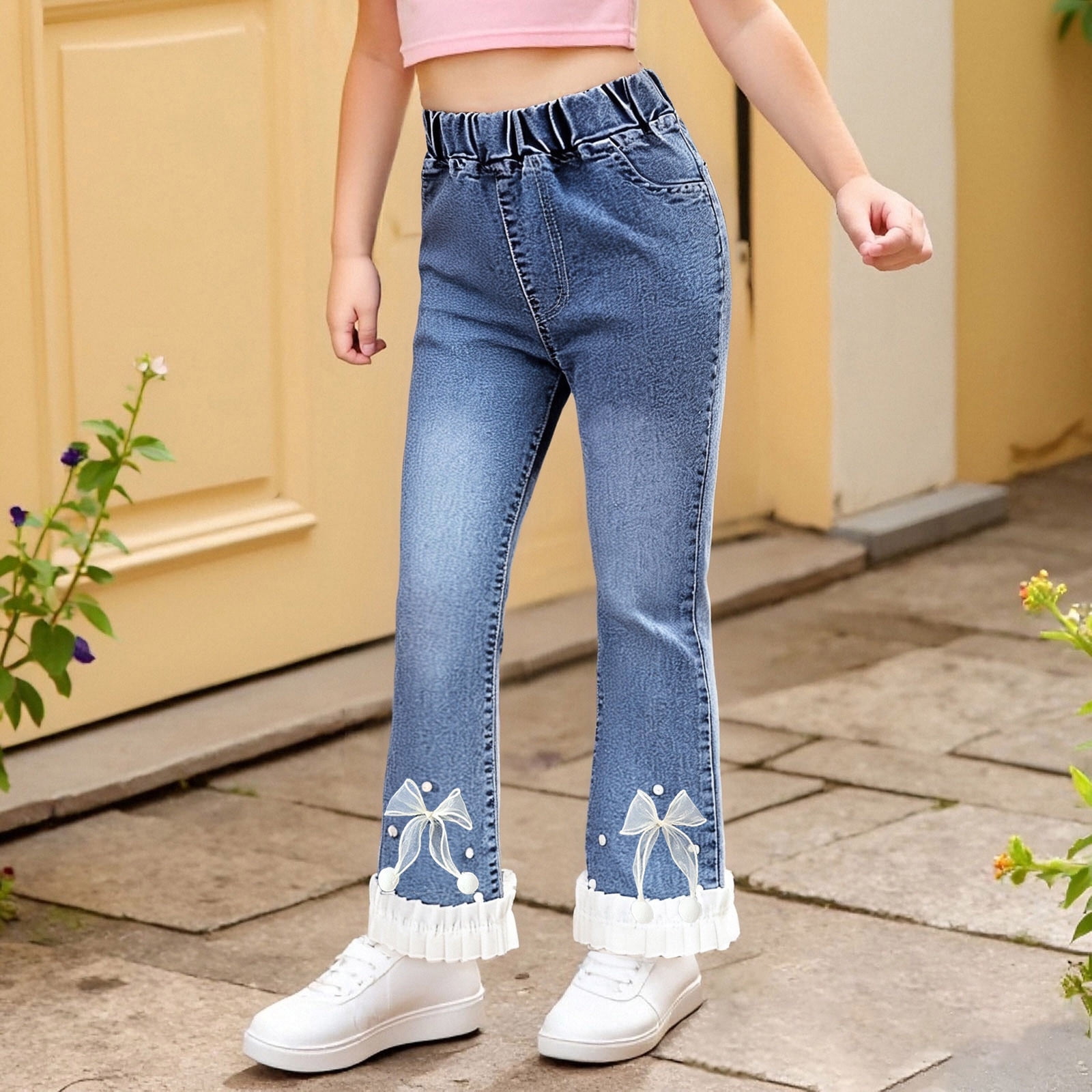 Girls Jeans Girls Bell Bottom Pants Embroidered High Waisted Jeans Wide ...