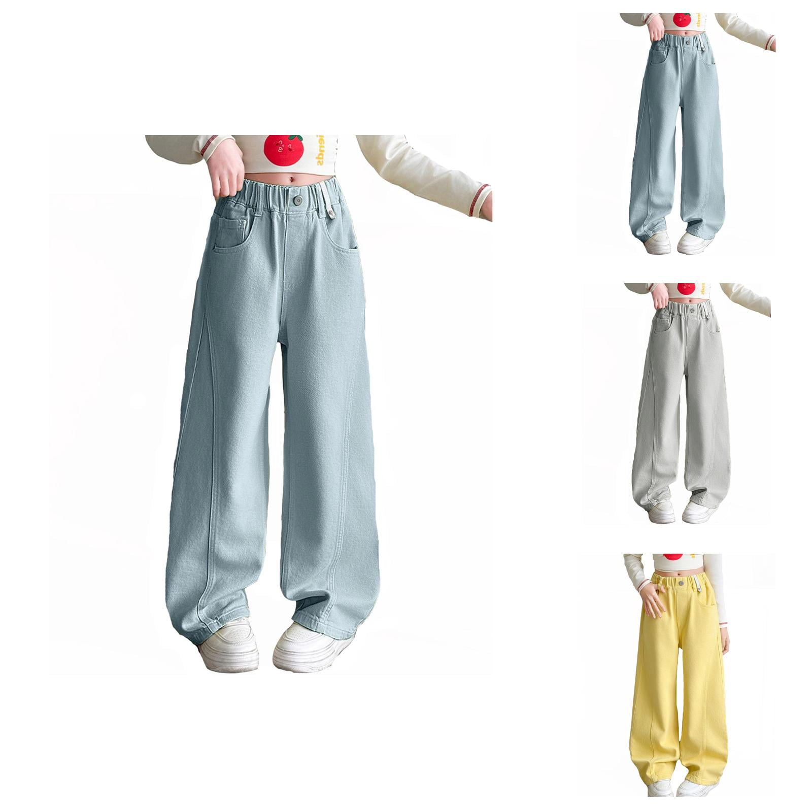 Girls Jeans Girls Cute Personality Lined Denim Pants Elastic Waist Wide ...