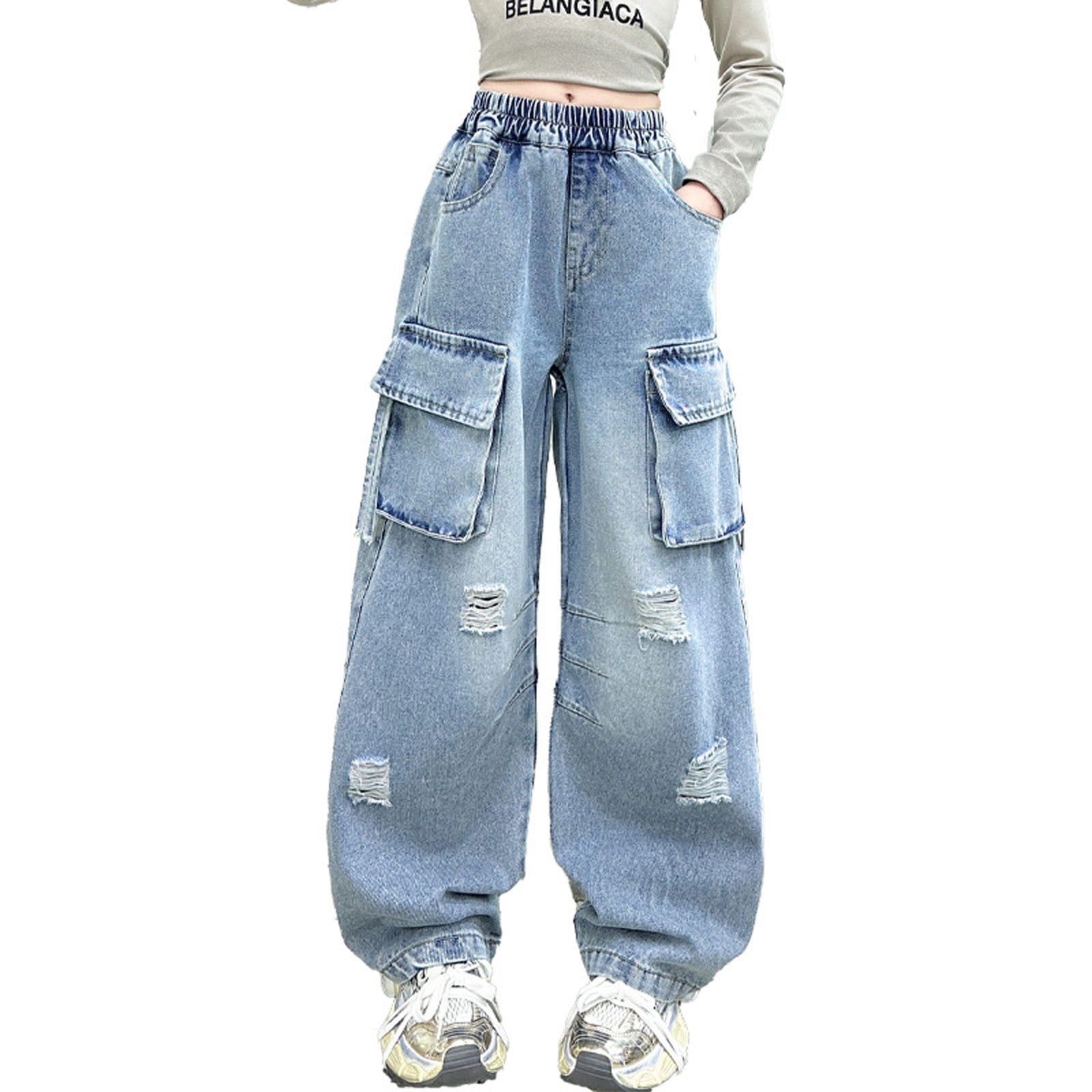 Girls Jeans Kids Toddler Girls Denim Cargo Pants with Pockets Loose Fit ...