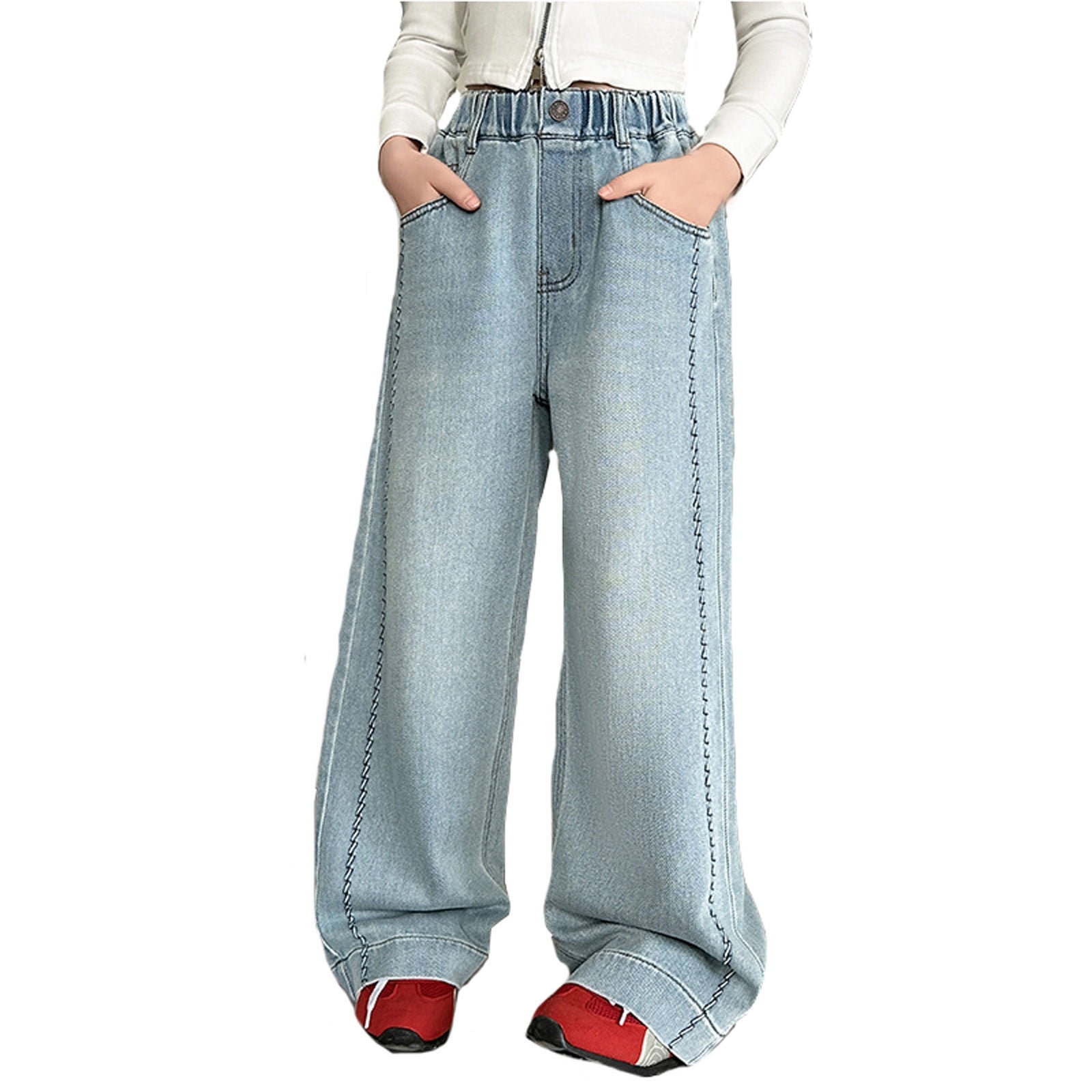 Girls Jeans Pants Elastic Waist Wide Leg Pants Tween Girls Trendy ...