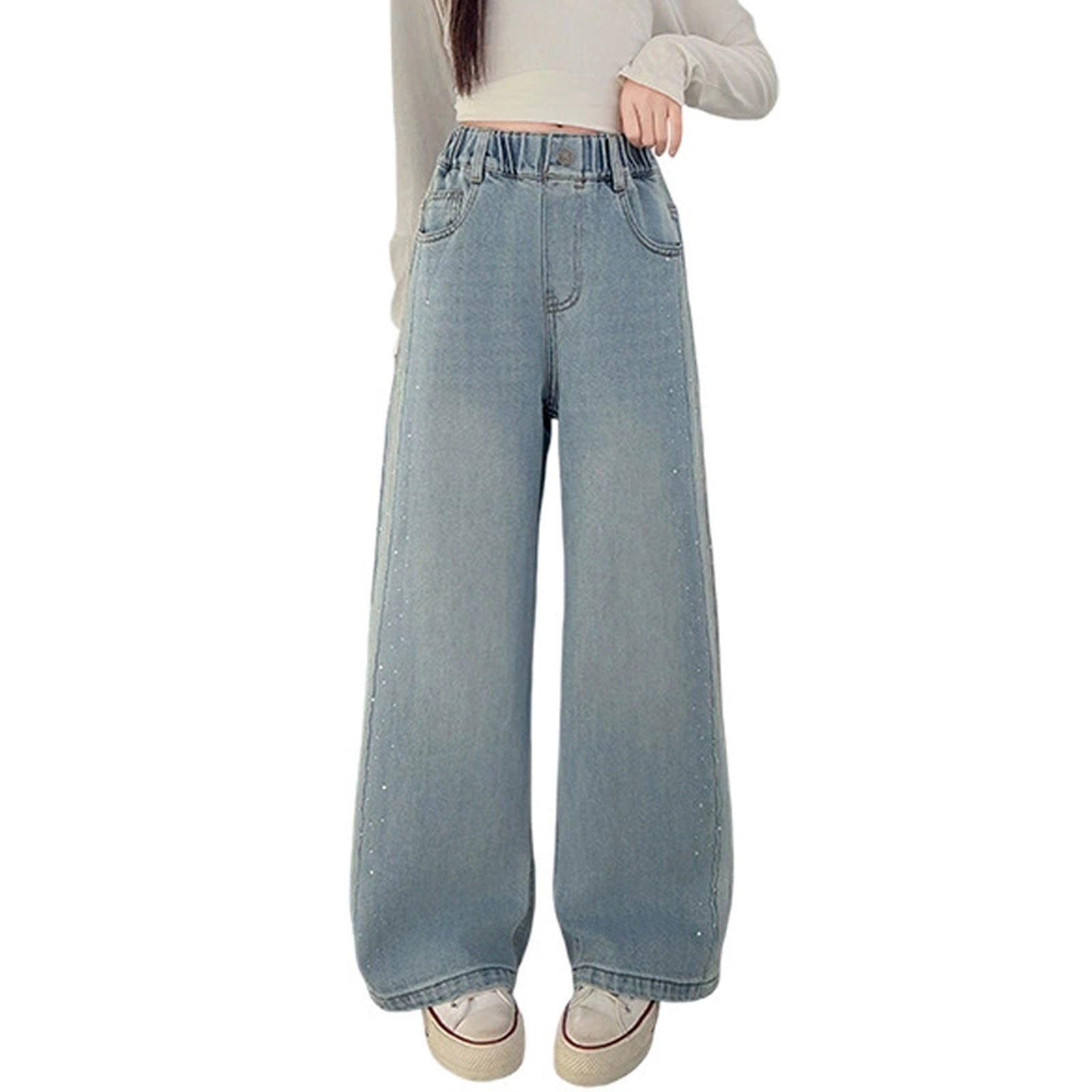 Girls Jeans Straight Leg Denim Pants with Double Rhinestone Design ...
