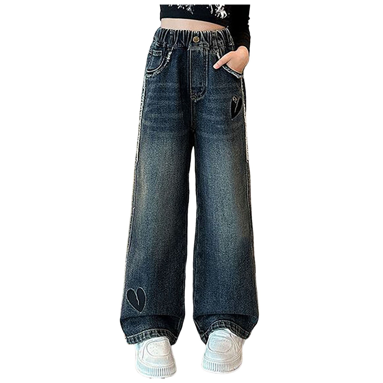 Girls Jeans Y2K Casual Wide Leg Denim Pants Elastic High Waist Kids ...