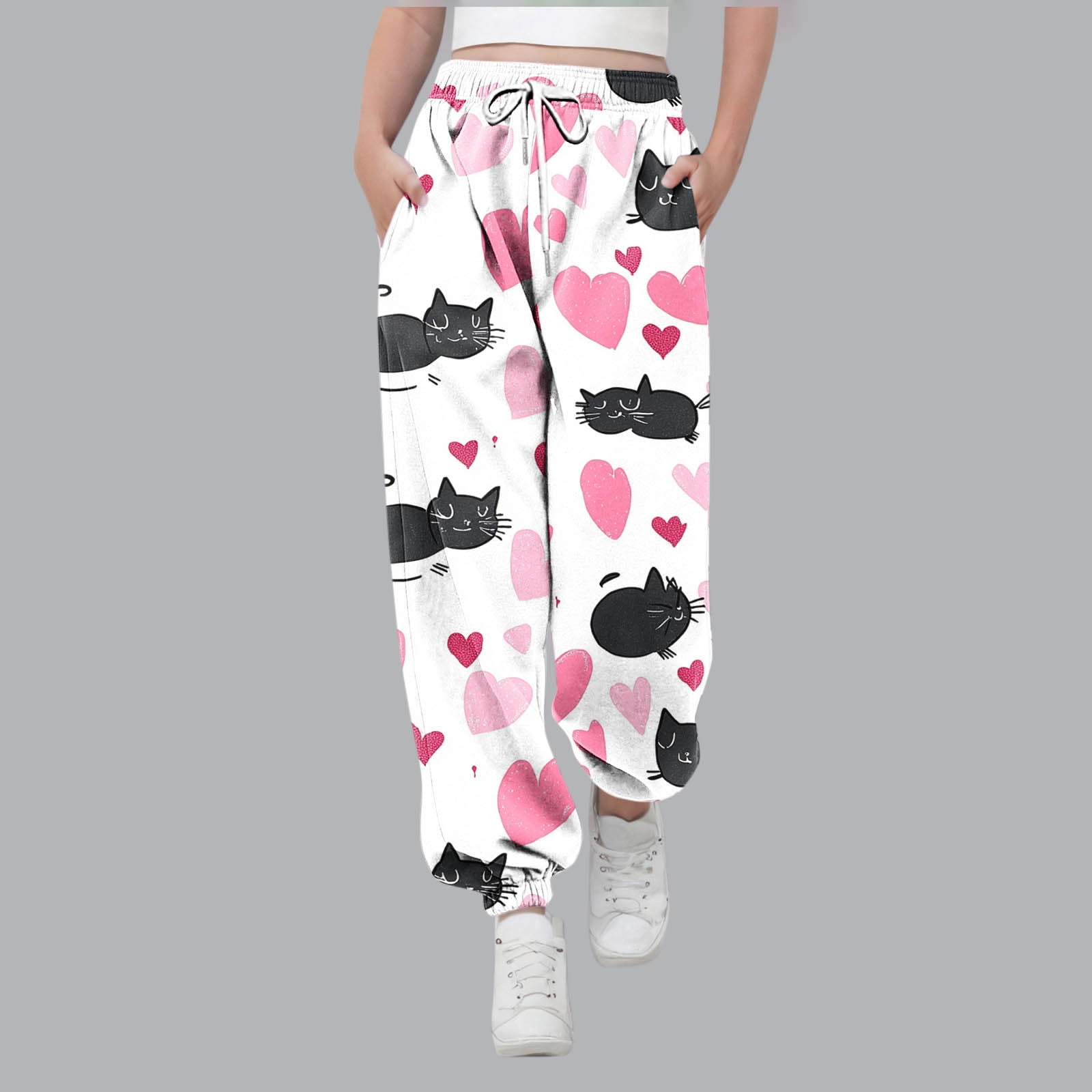 Girls Jogger Pants for 4-12 Years Old, Multicolor Black Cat Pink Heart ...