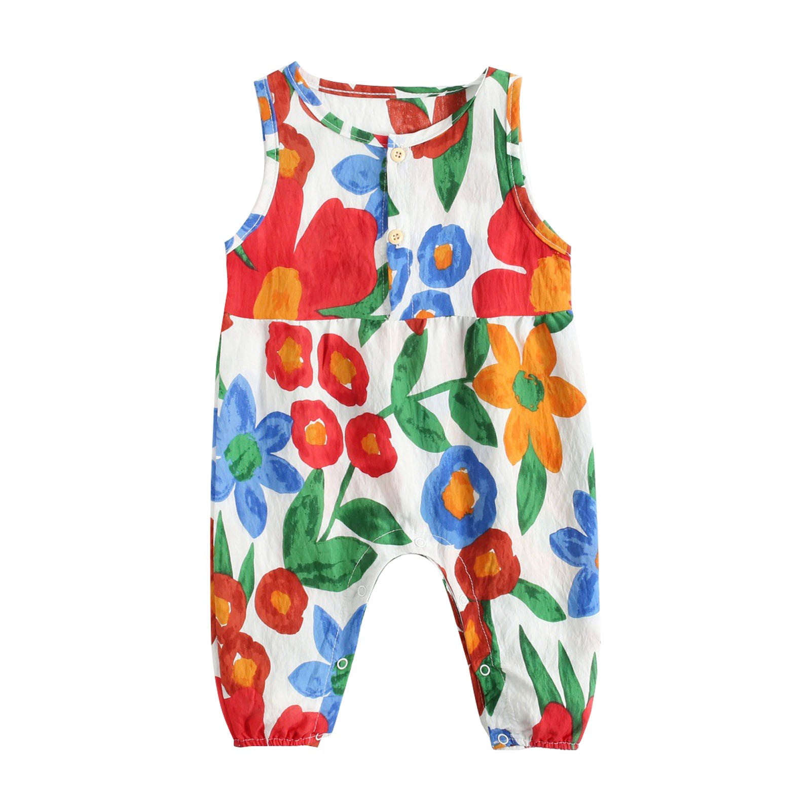 Girls Jumpsuit Ful Cartoon Floral Cotton Long Climb Neonatal Sleeveless ...