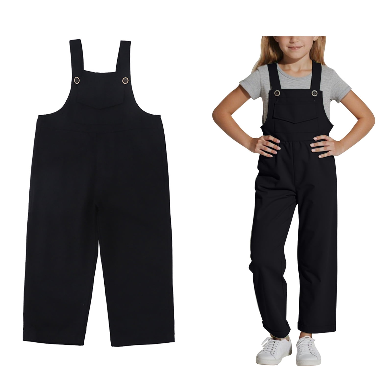 Girls Jumpsuit Sleeveless Black Overalls with Side Pockets Cute Summer ...