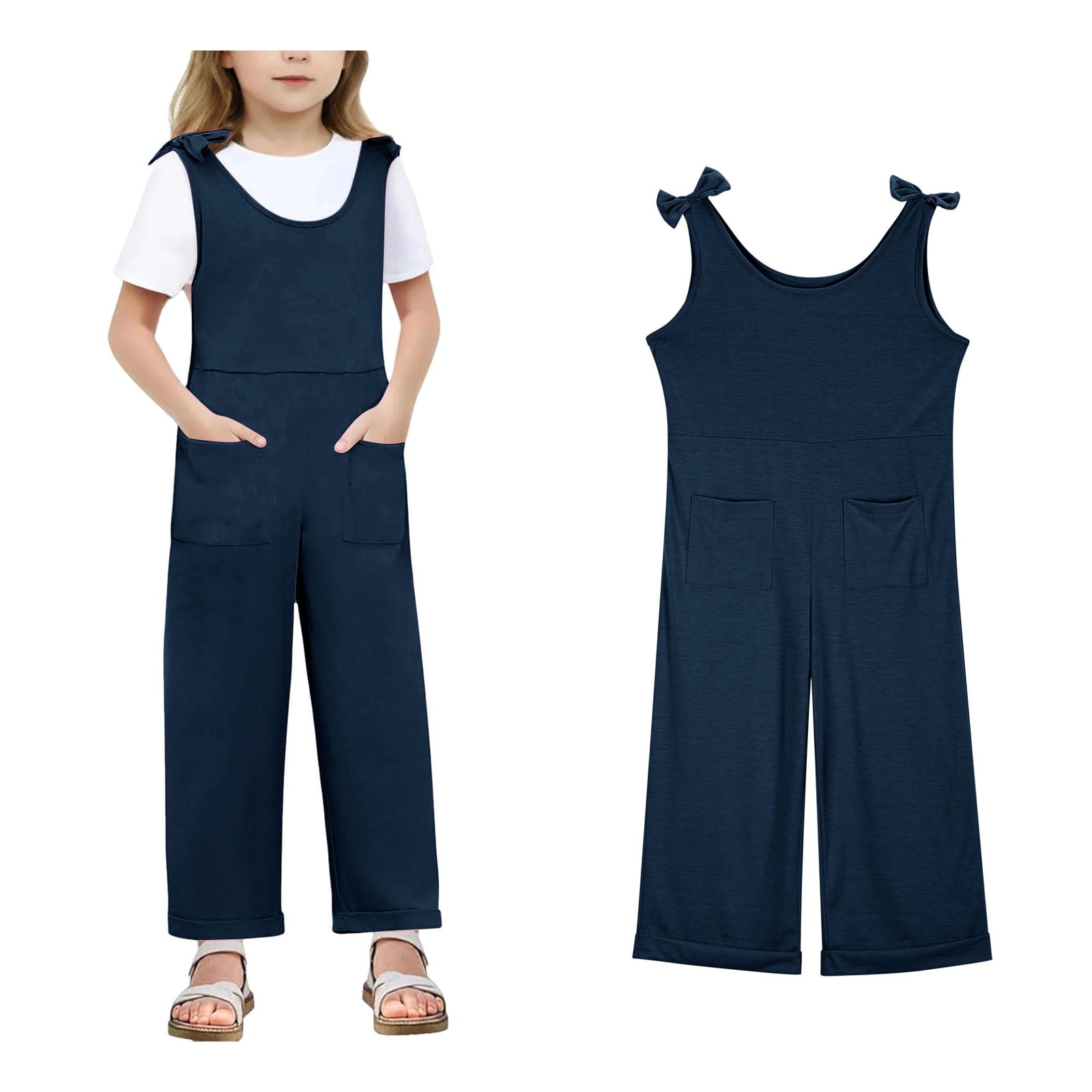 Girls Jumpsuit Sleeveless Navy Rompers with Pockets Summer Outfits for ...