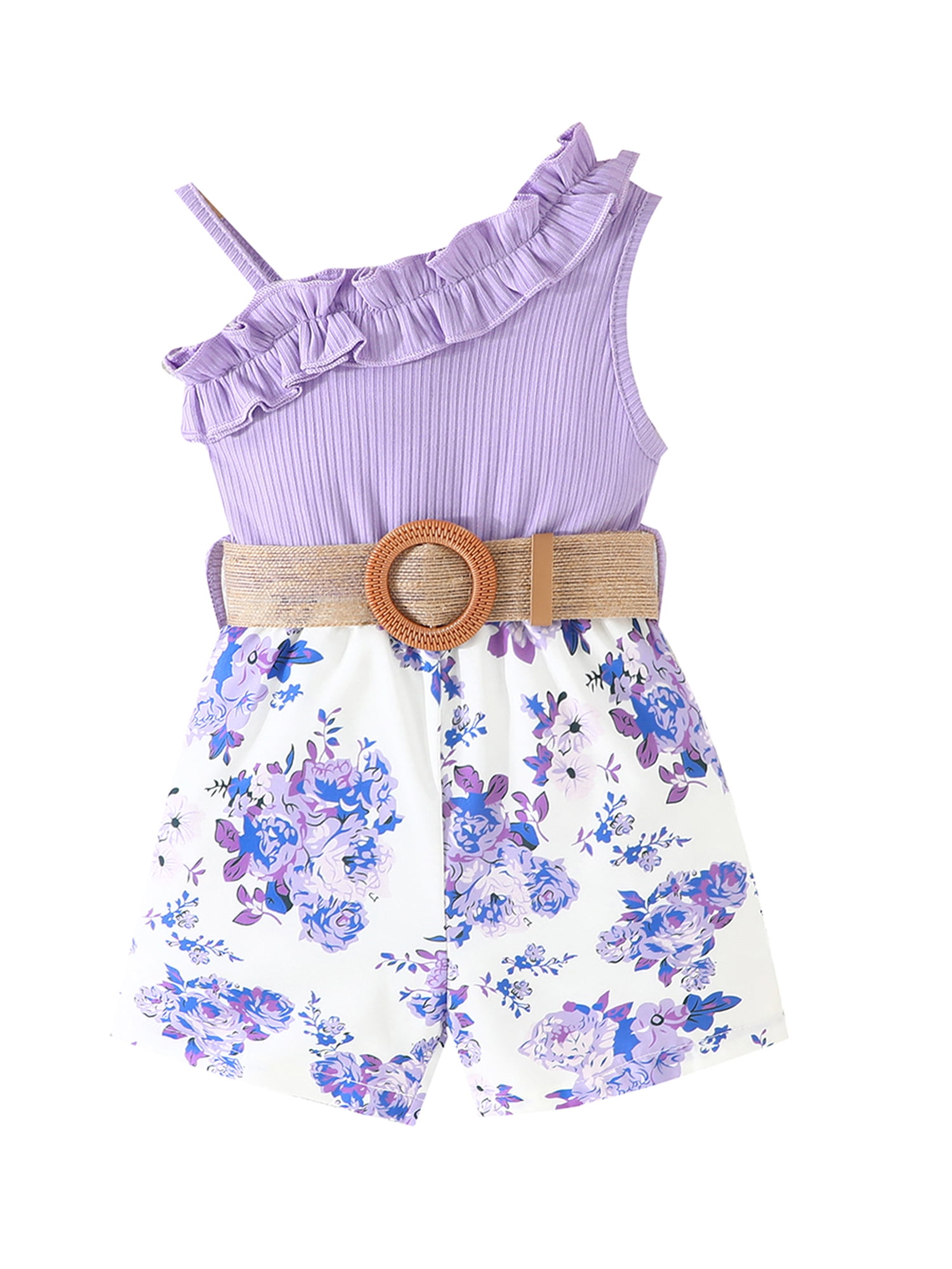 Girls Jumpsuit, Sleeveless Ruffled Flower Print Romper with Belt ...