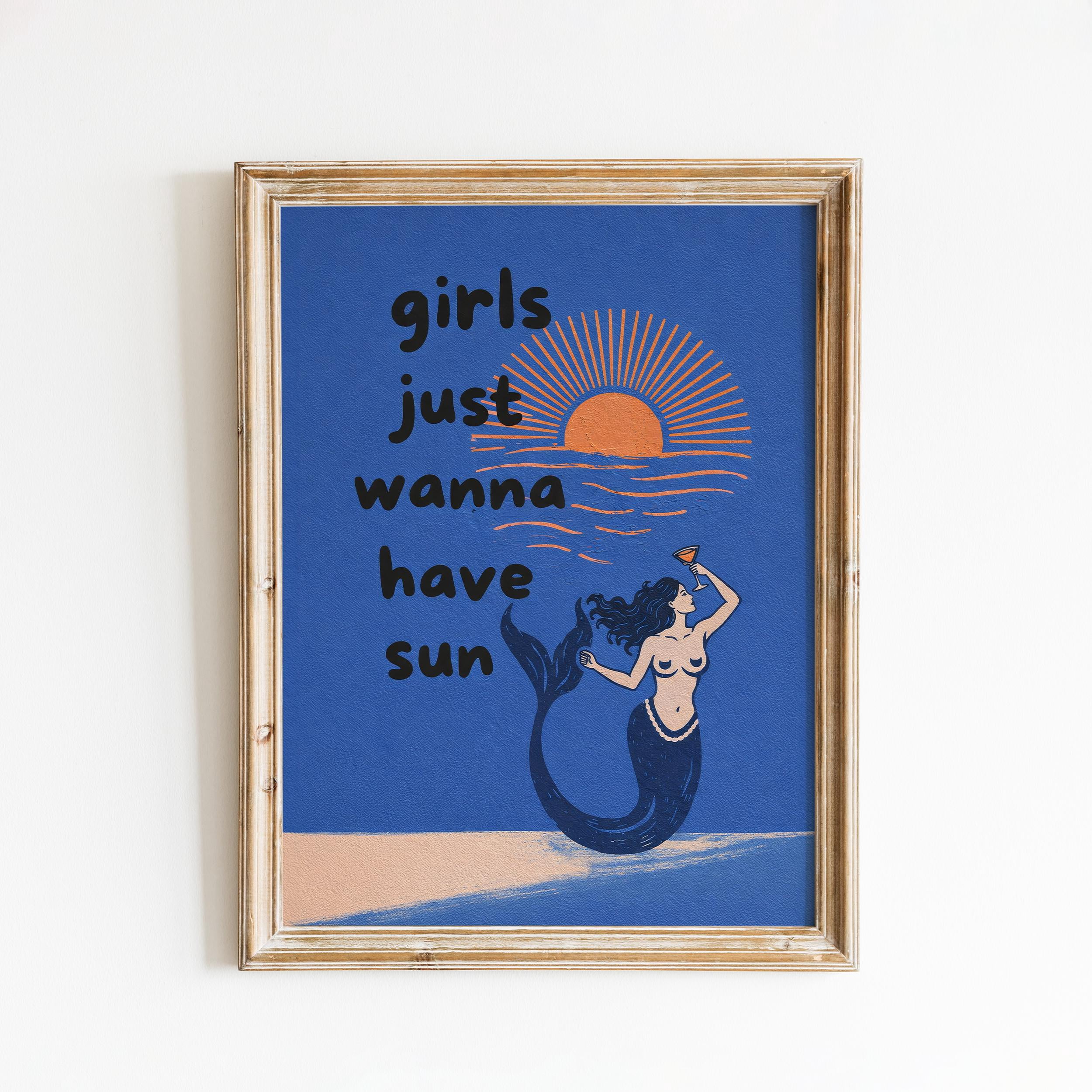 Girls Just Wanna Have Sun Poster Mermaid Wall Art Blue Summer Beach ...