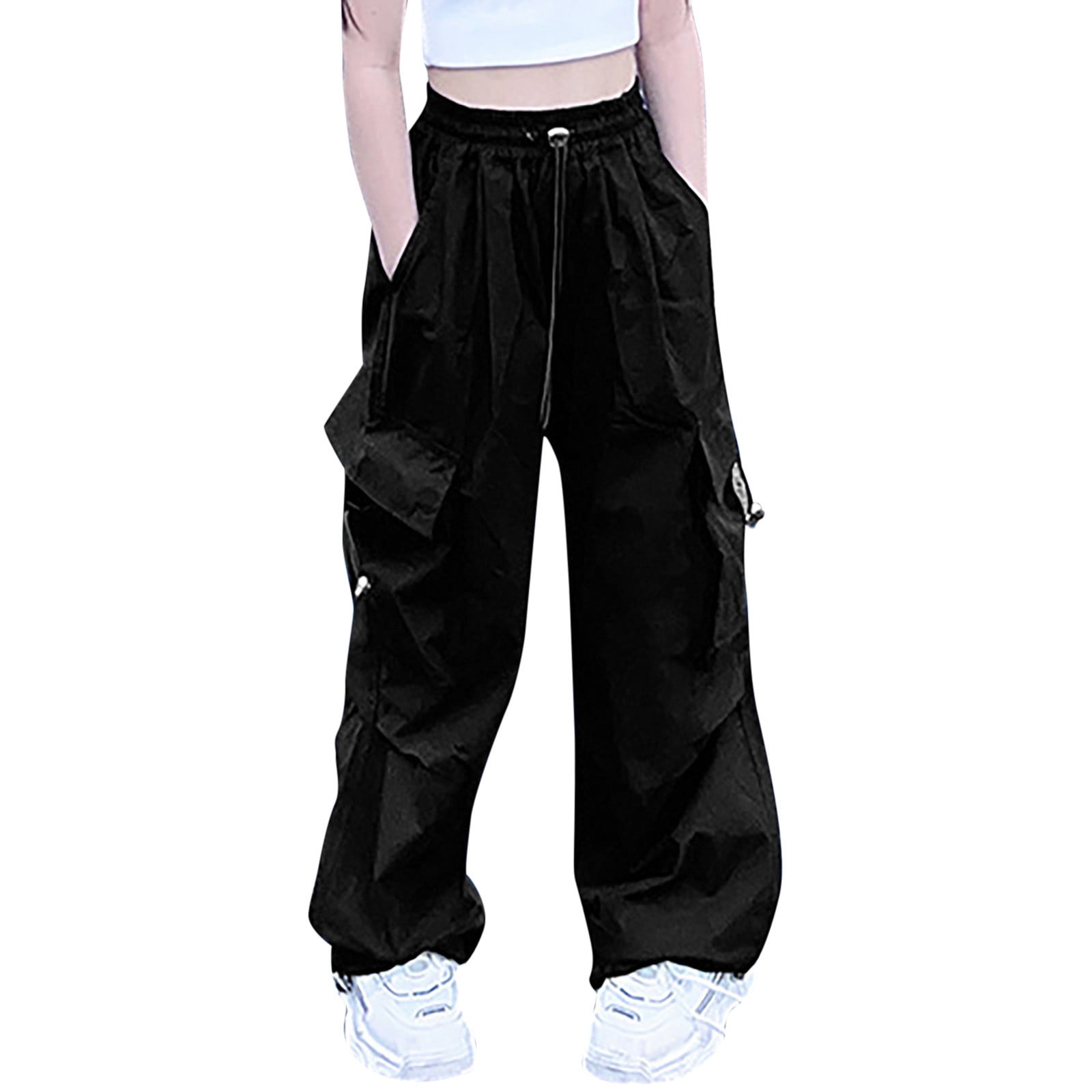 Girls Kids Cargo Pants Streetwear Y2K Drawstring Trousers High Waisted ...