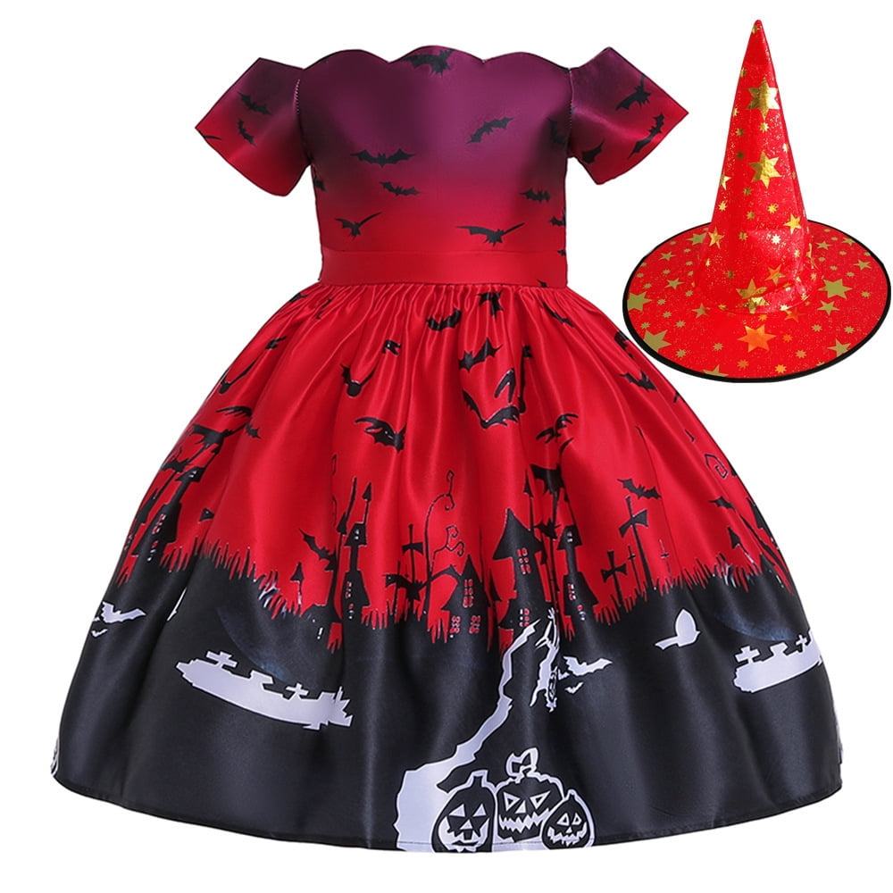 Girls Kids Halloween Witch Dress with Hat Smooth Princess Skirt Dress ...