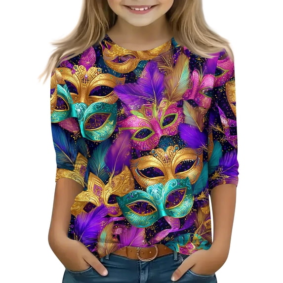 Girls Kids Mardi Gras 3/4 Sleeve Tee with Heart and Mask Sequin Graphic ...