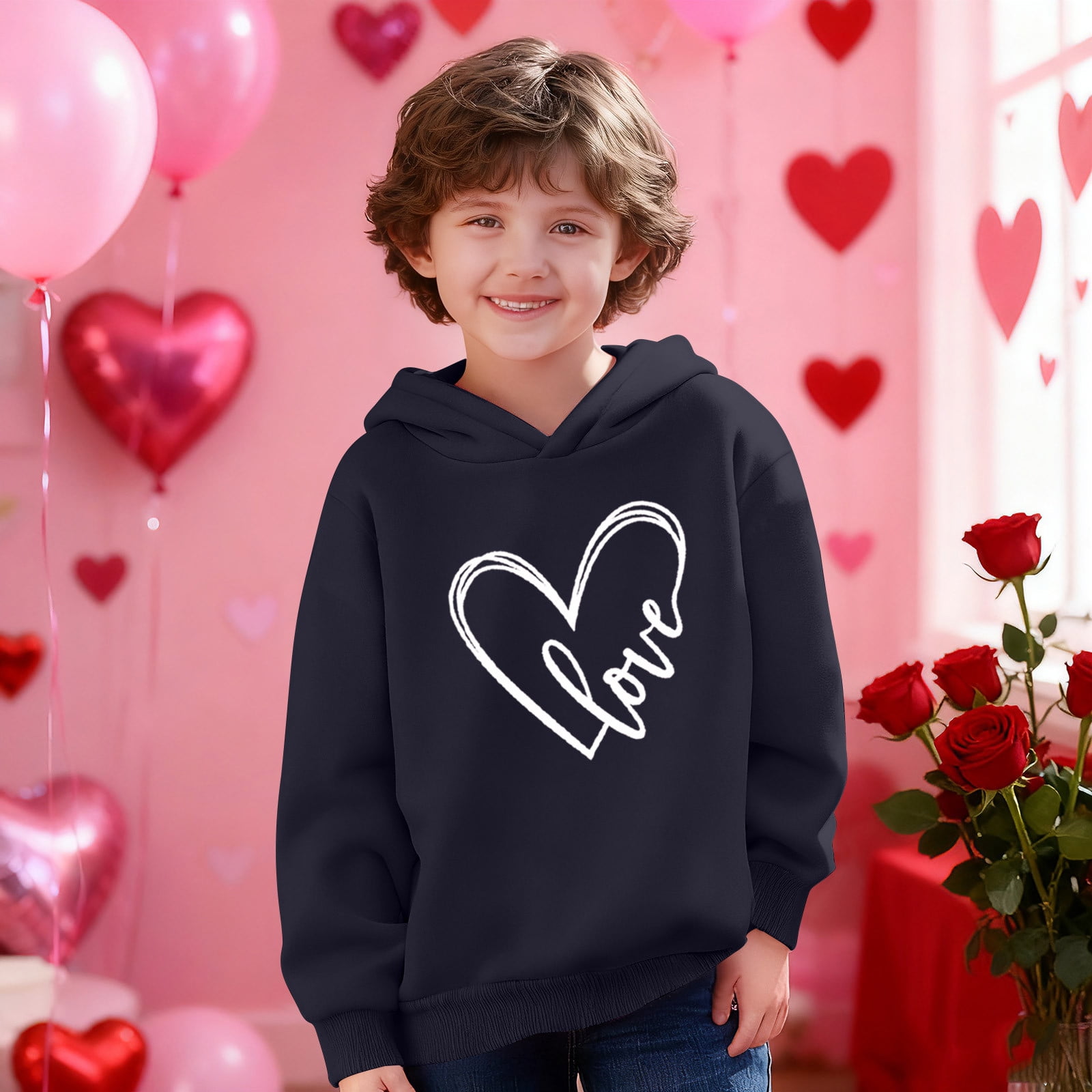 Girls Kids Navy Blue Oversized Hoodie | Cute Love Heart & Script ...