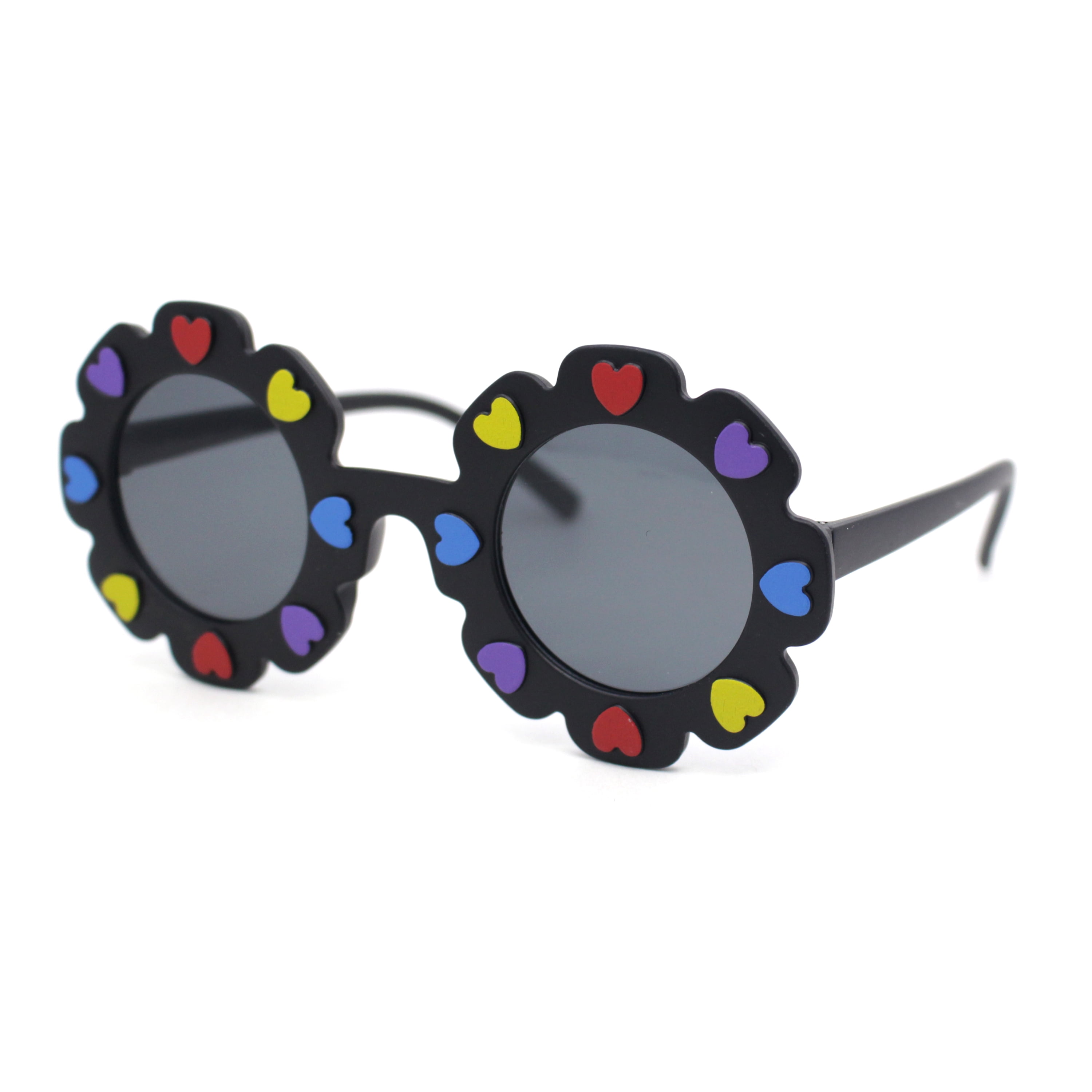 Girls Kids Size Heart Daisy Petal Round Circle Plastic Sunglasses Black ...