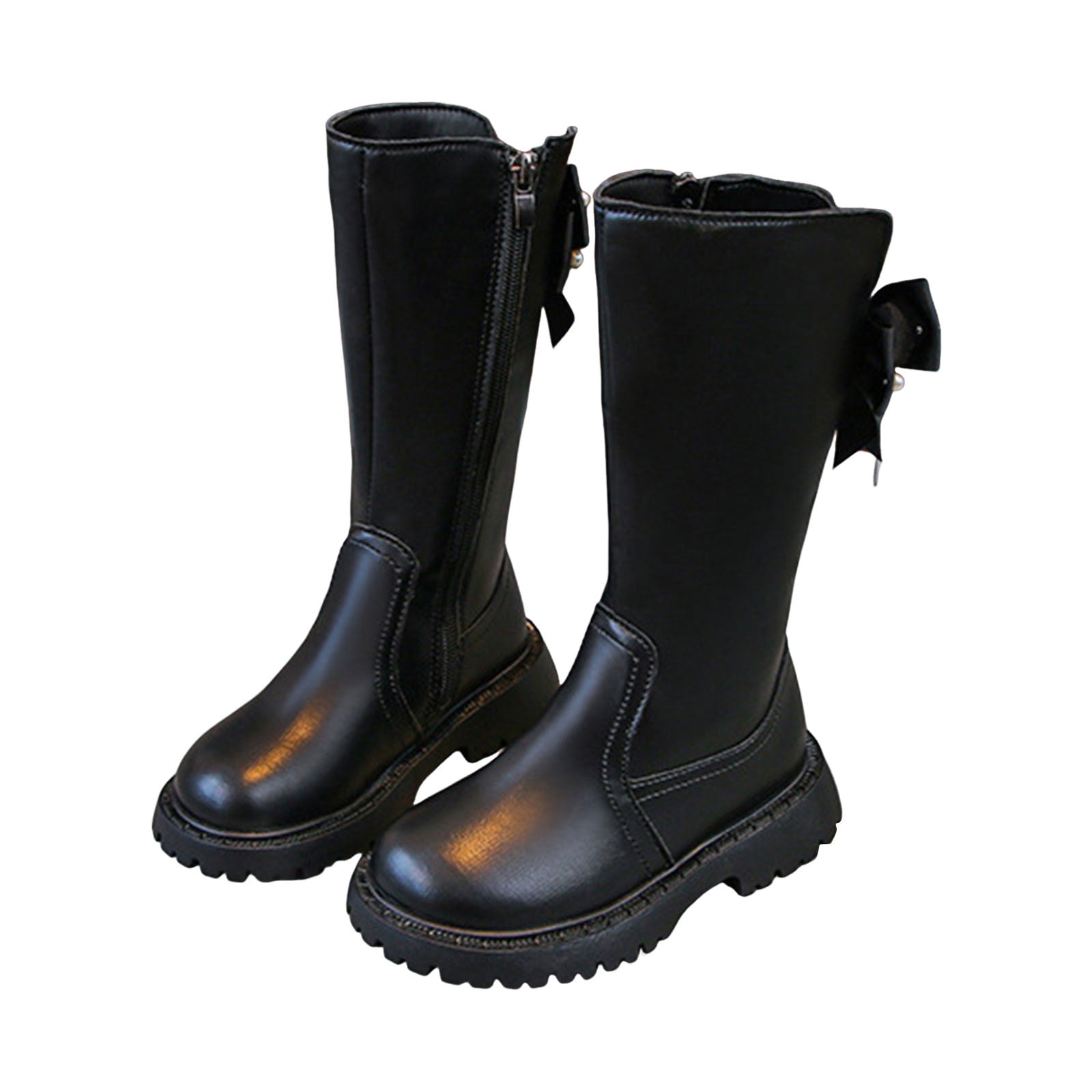 Girls Knee High Riding Boots Splice Leather Cute Bowknot Side Zipper ...