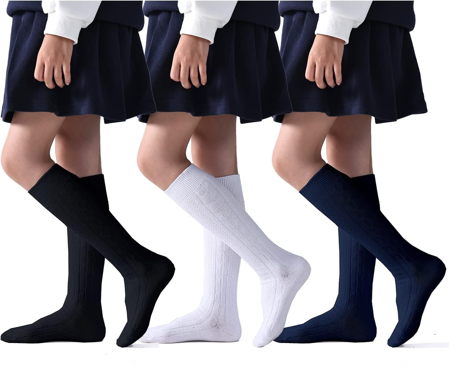 Girls Knee High Socks Seamless Cotton School Uniform Socks Plain/Cable ...
