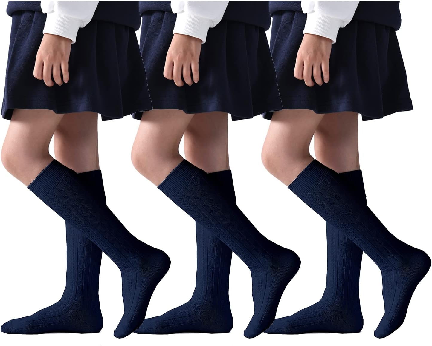 Girls Knee High Socks Seamless Cotton School Uniform Socks Plain/Cable ...