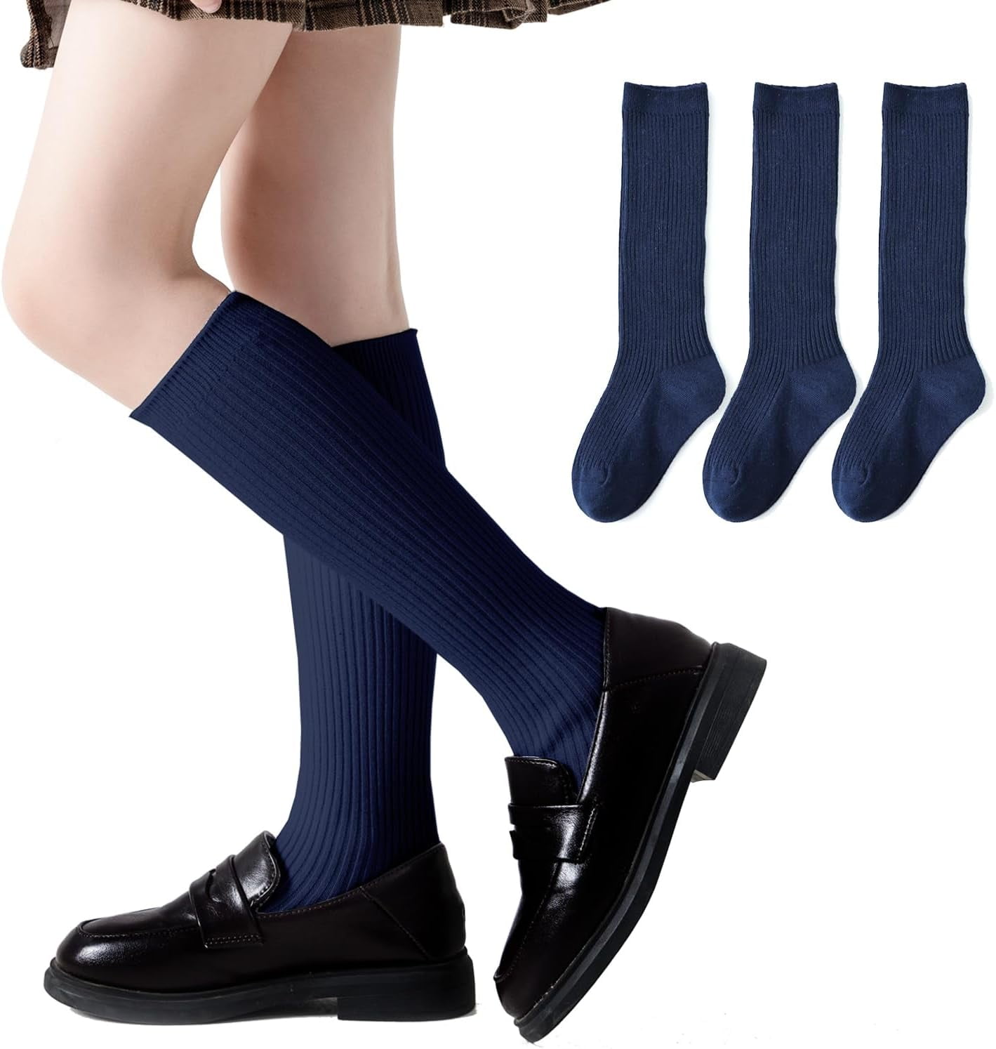 Girls Knee High Socks Seamless Cotton School Uniform Socks Ribbed Knee ...