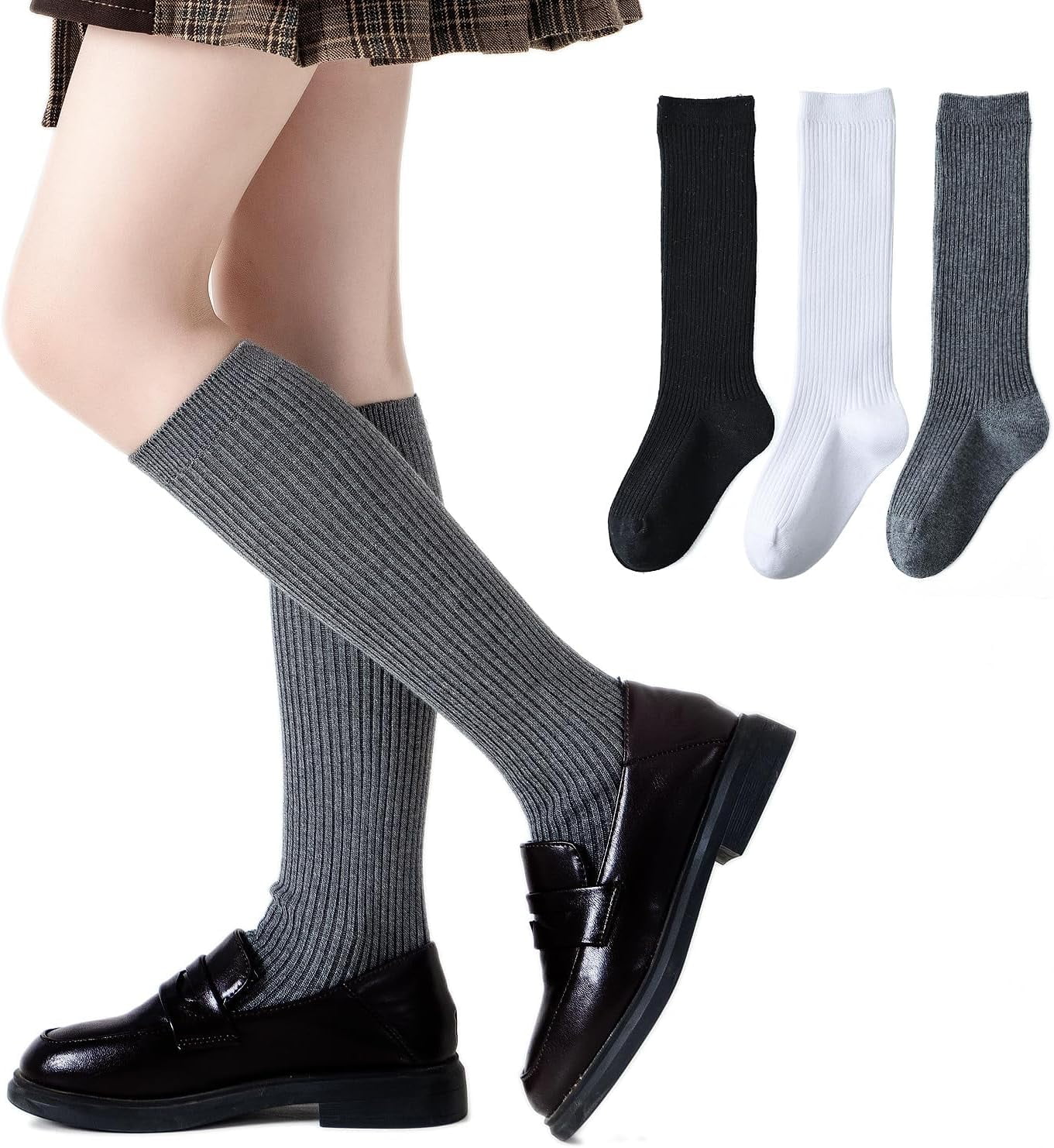 Girls Knee High Socks Seamless Cotton School Uniform Socks Ribbed Knee ...