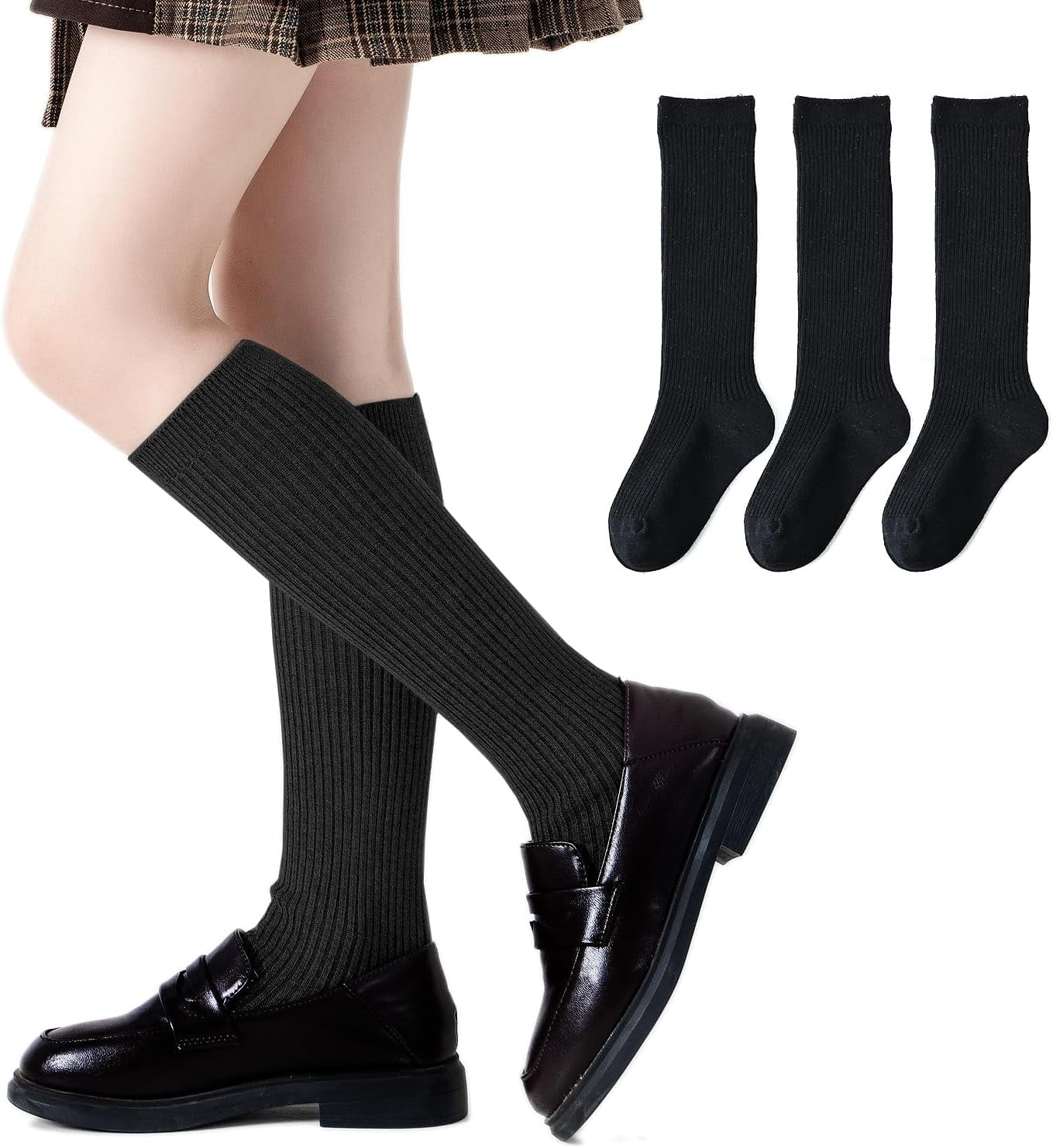 Girls Knee High Socks Seamless Cotton School Uniform Socks Ribbed Knee ...