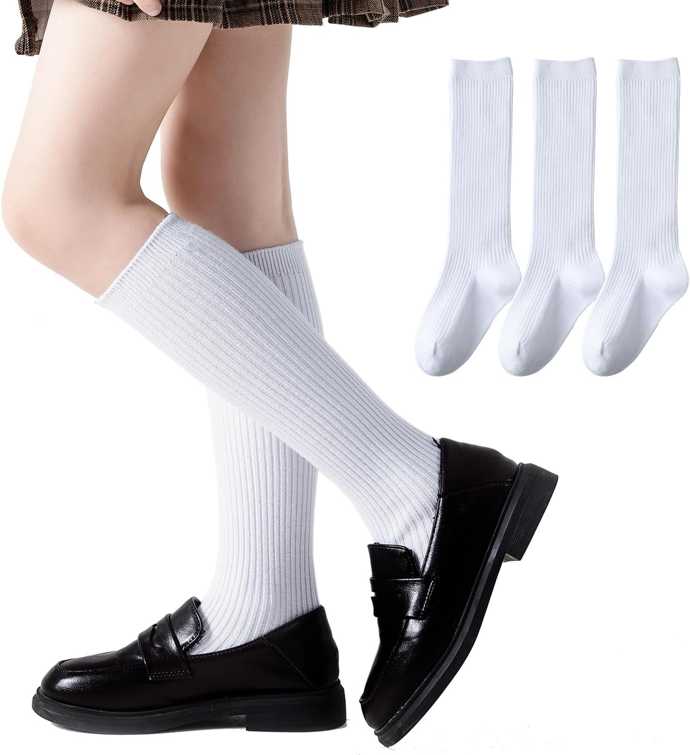 Girls Knee High Socks Seamless Cotton School Uniform Socks Ribbed Knee ...