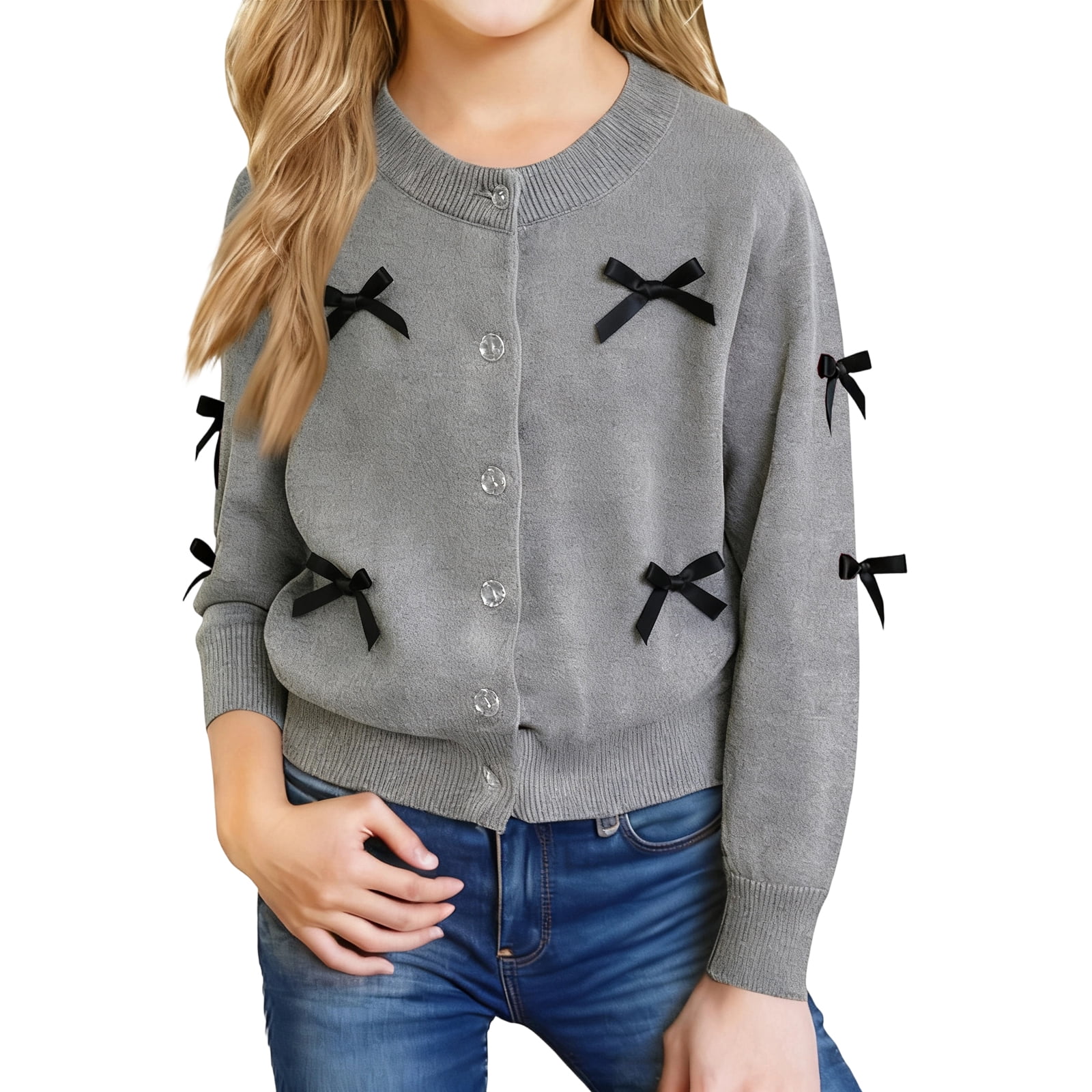 Girls Knit Cardigan Sweater with Decorative Bow Accents Button Down ...