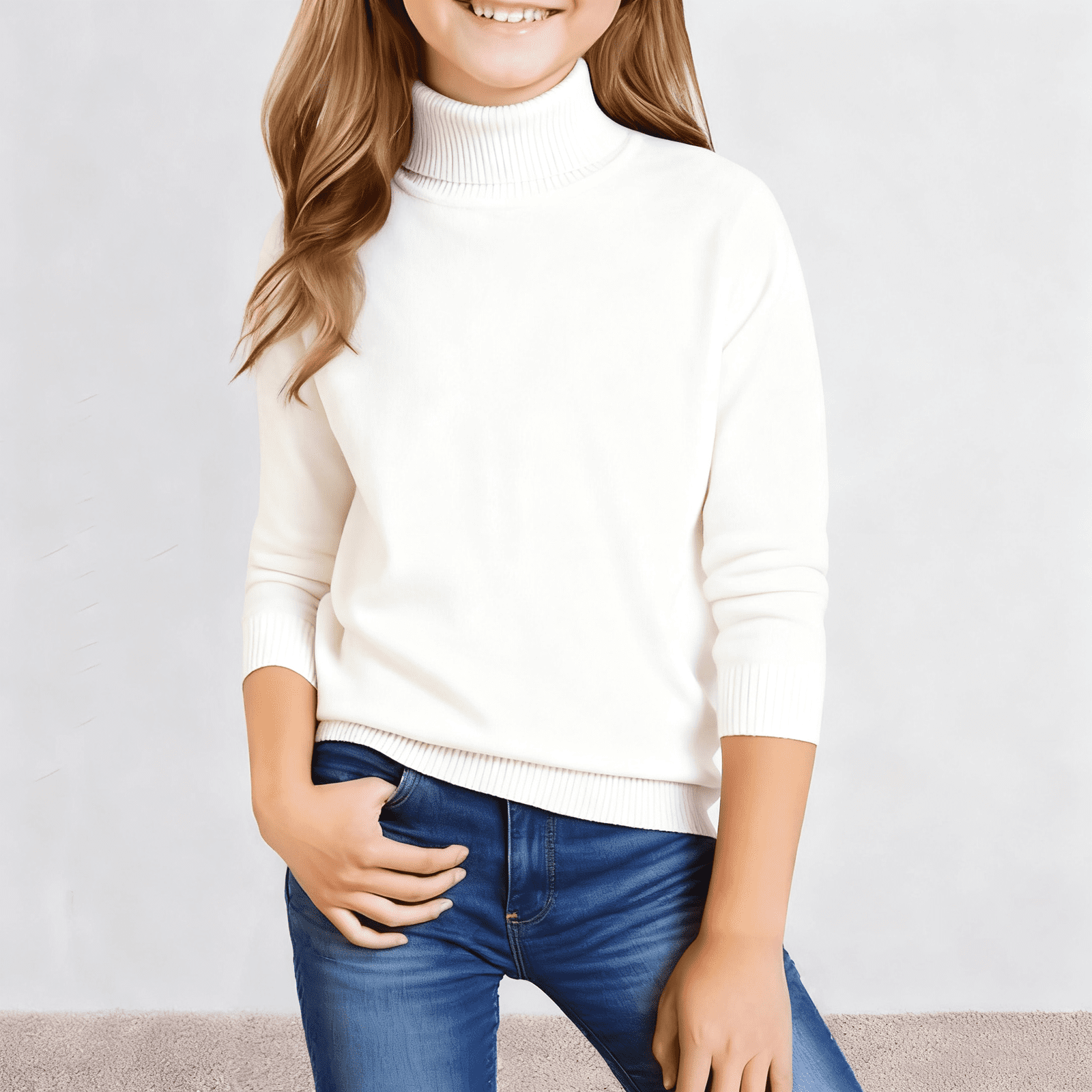 Girls Knit Sweaters Turtleneck Long Sleeve Slim Fit Clothes Solid Color ...