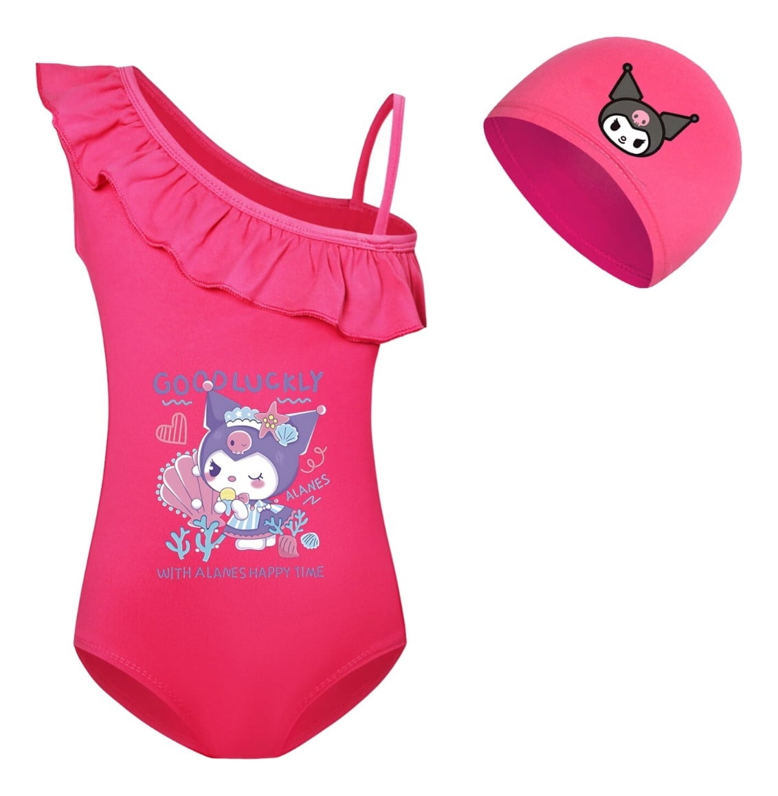 Girls Kuromi Swimsuit with Cap – Kids Ruffle One-Shoulder Cartoon ...