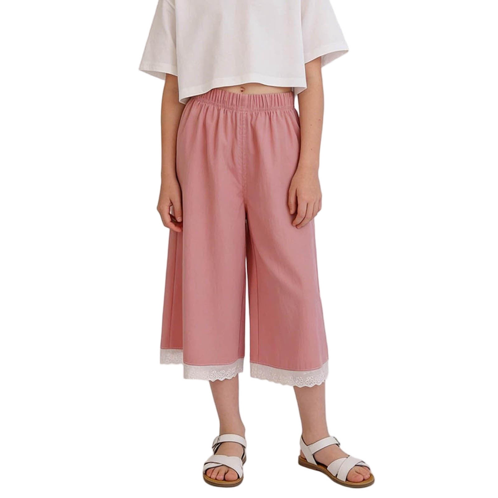 Girls Lace Hem Wide Leg Capris Versatile Casual Elastic Waist Summer ...
