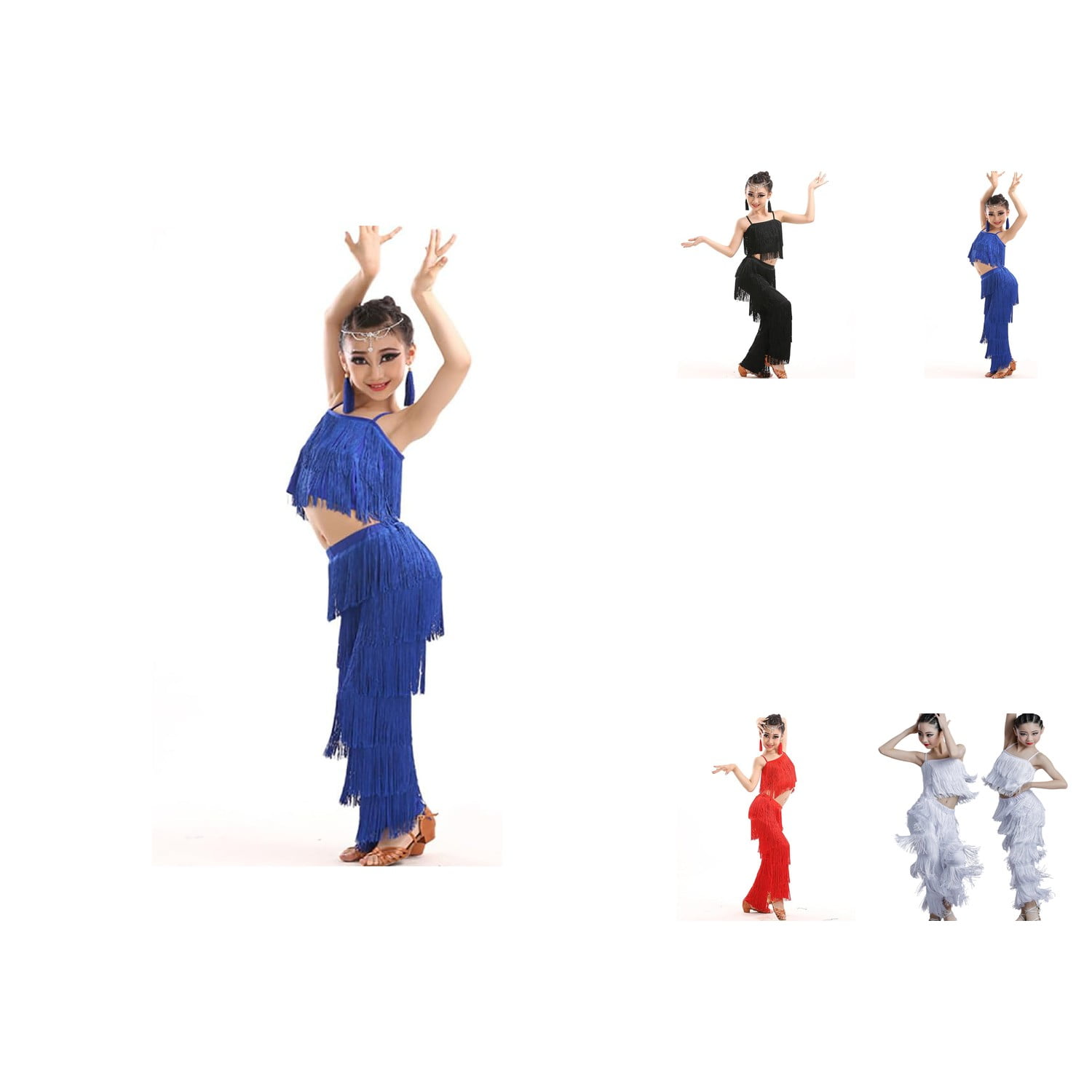 Girls Latin Dancewear Set, Two Piece Tassel Camisole and Fringe Pants ...