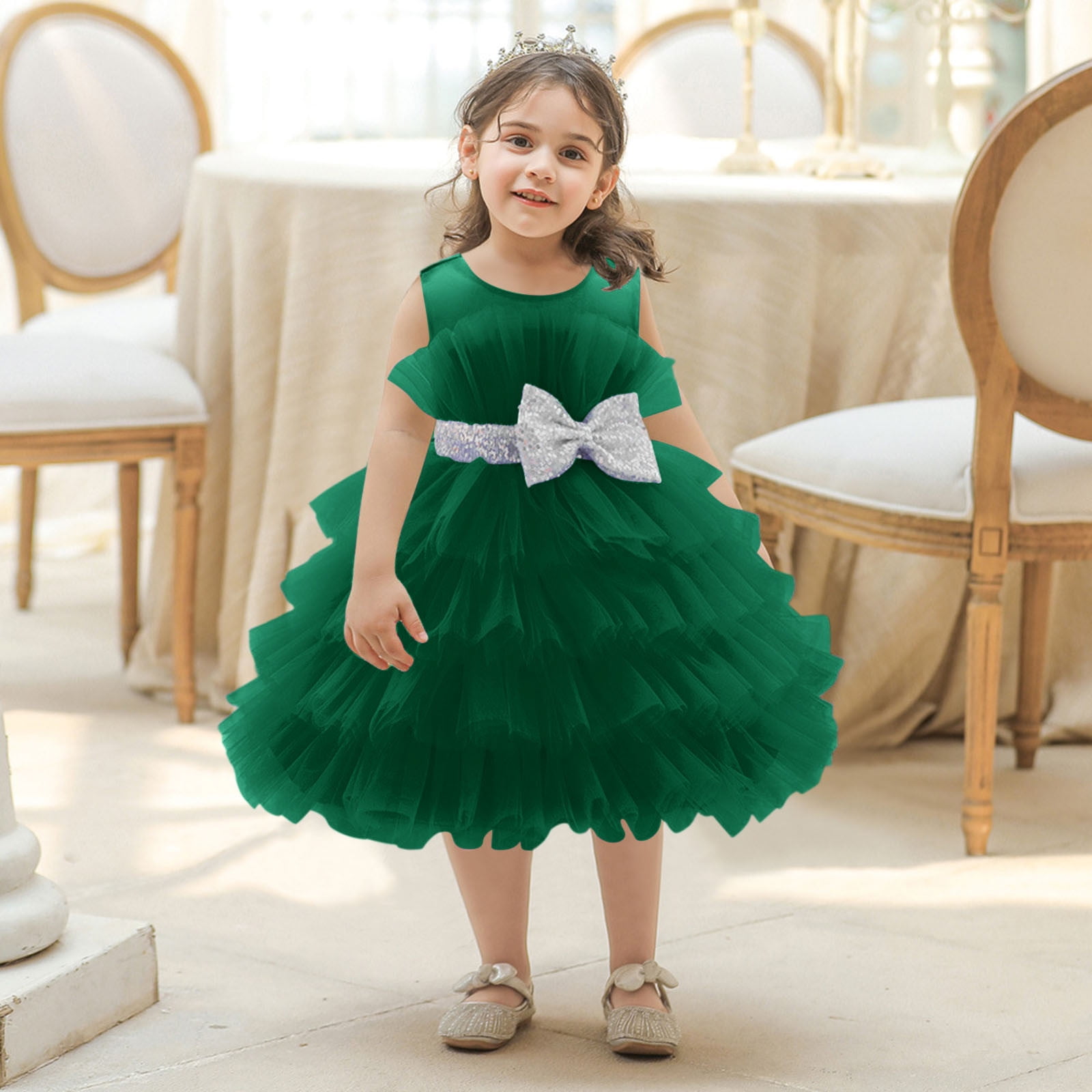 Girls' Layered Ruffle Sequin Dress with Detachable Train - Sparkle ...