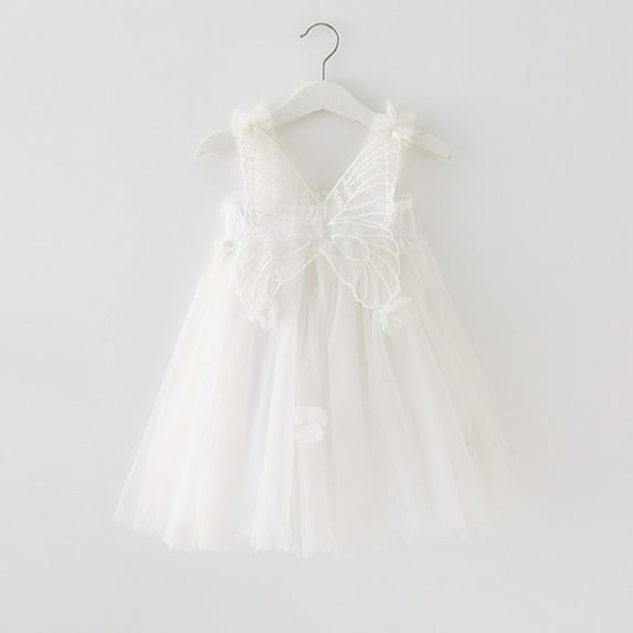Girls Layered Tulle Dress A-Line White Sleeveless Butterfly Dress Party ...