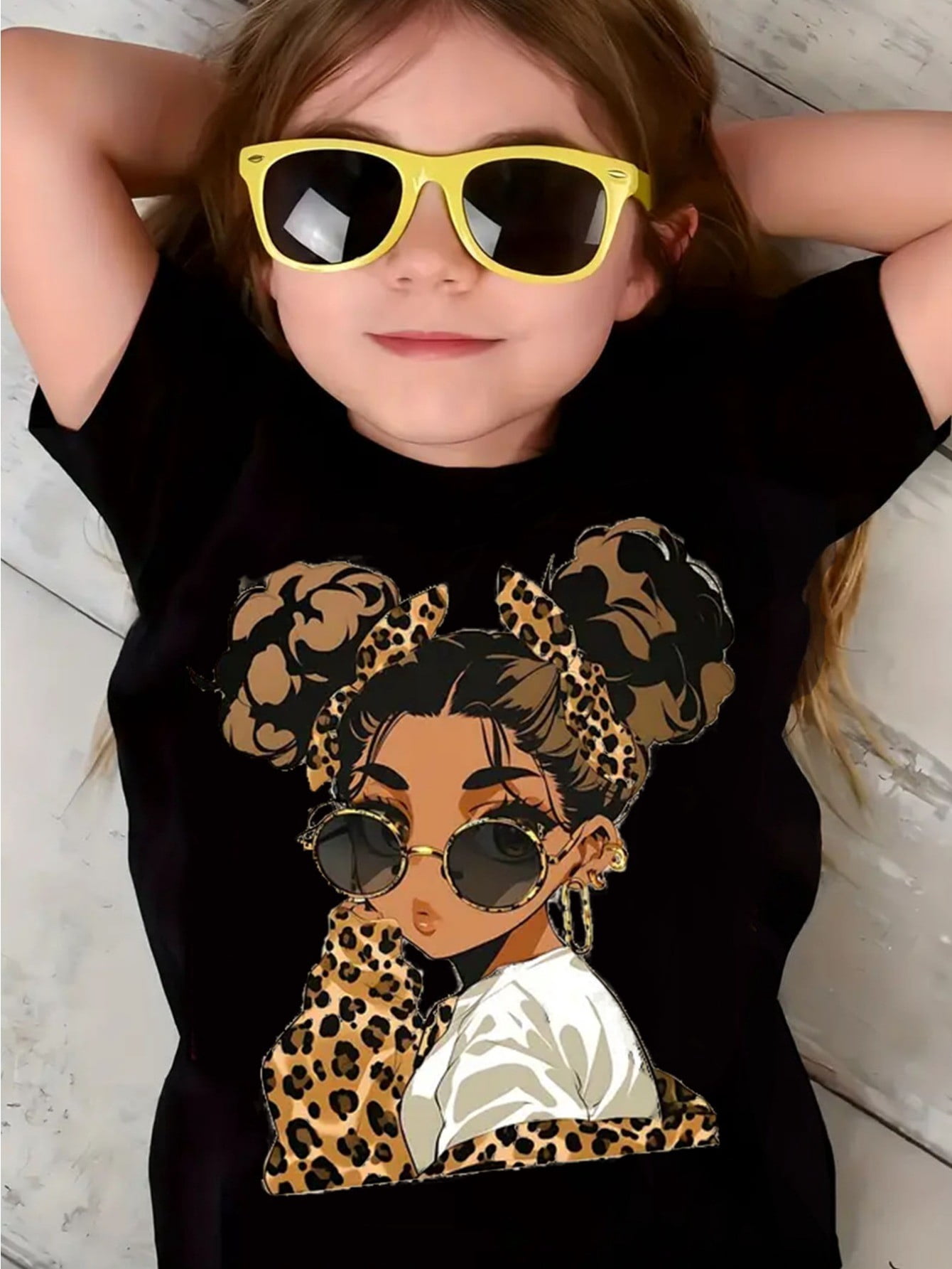 Girls' Leopard Print Fashion Graphic T-Shirt - Black, White Casual ...
