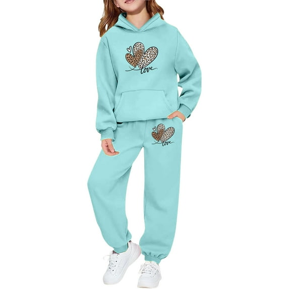 Girls Leopard Print Hooded Sweatshirt And Jogger With Heart Design And ...