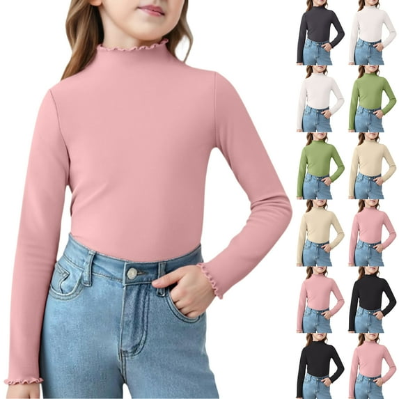 Girls Lettuce Trim Mock Neck Shirt Long Sleeve Undershirts Ribbed Knit ...