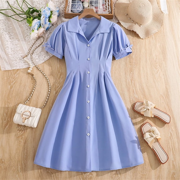 Girls Light Blue Button Down Shirt Dress with Puff Sleeves for School ...