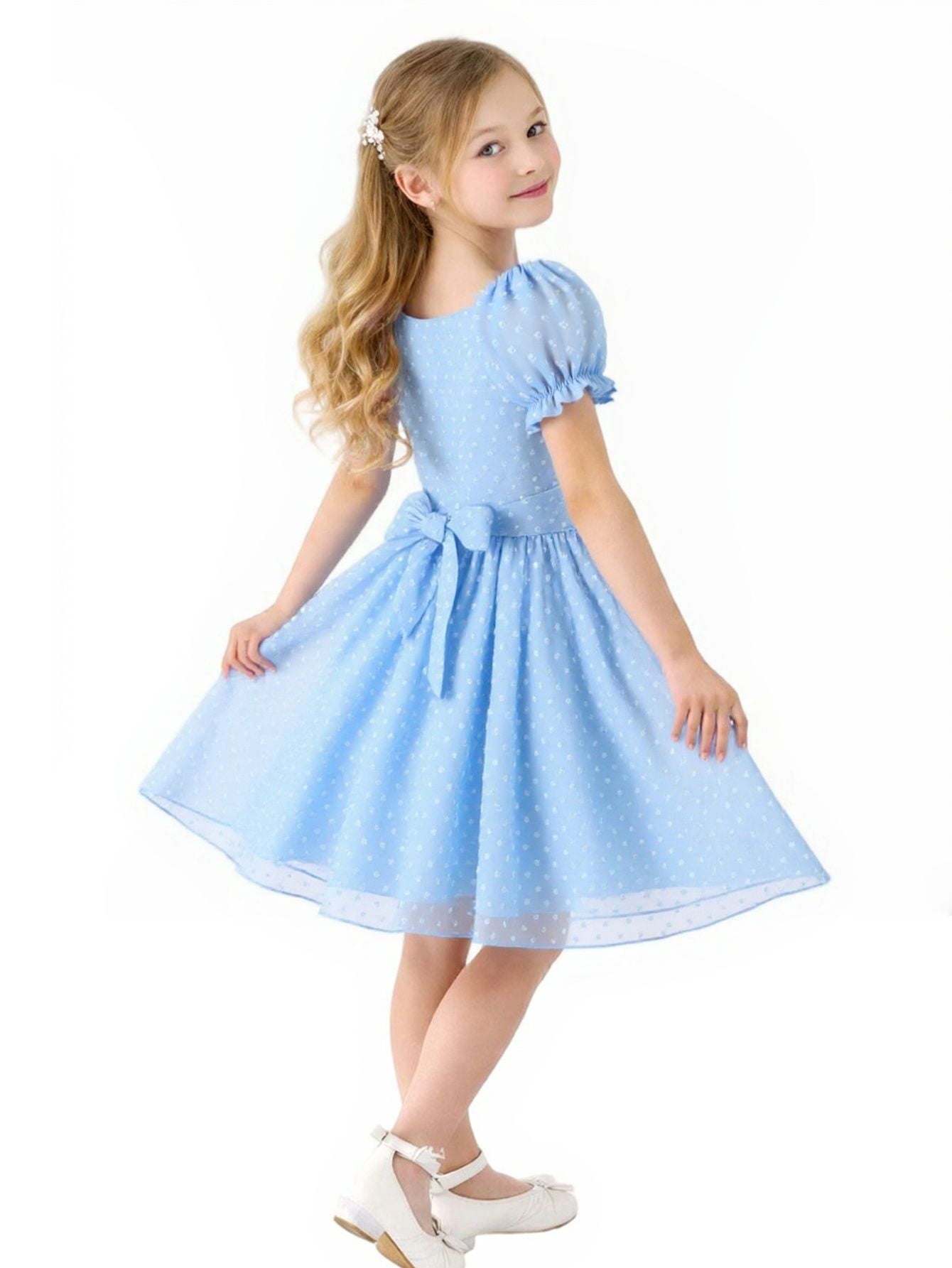 HILEELANG Girls Light Blue Swiss Dot Puff Sleeve Polyester Dress 6-7Y ...