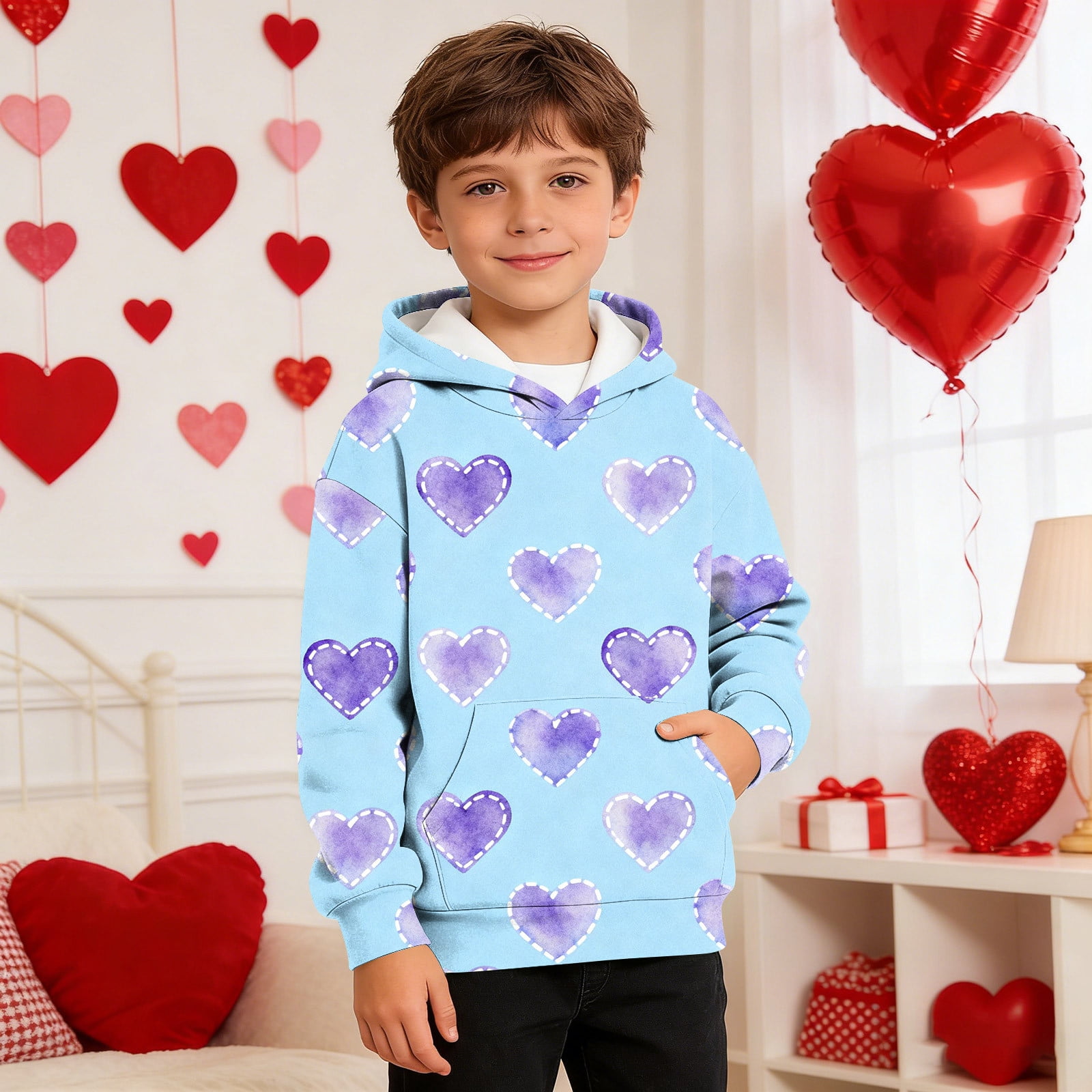 Girls' Light Blue Hoodie Purple Heart Print Oversized Pullover Soft ...