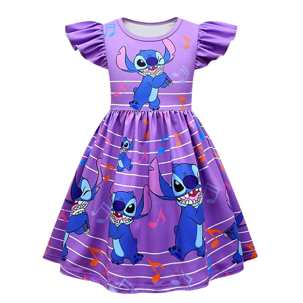 Girls Lilo&Stitch Cartoon Graphics Flying Sleeves Casual Dress Princess ...