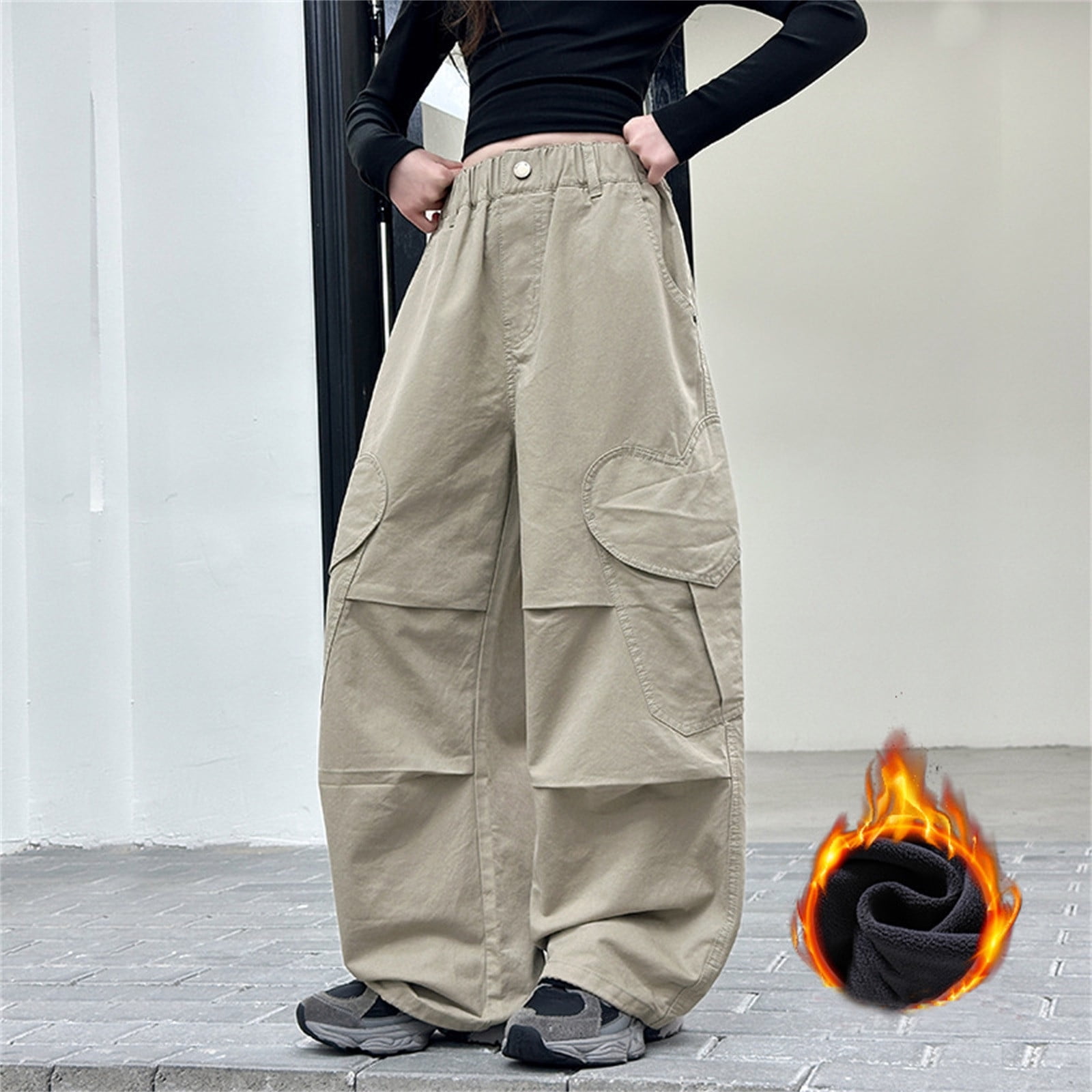 Girls Lined Cargo Pants With Heart Pocket Design Winter Casual Wide Leg ...