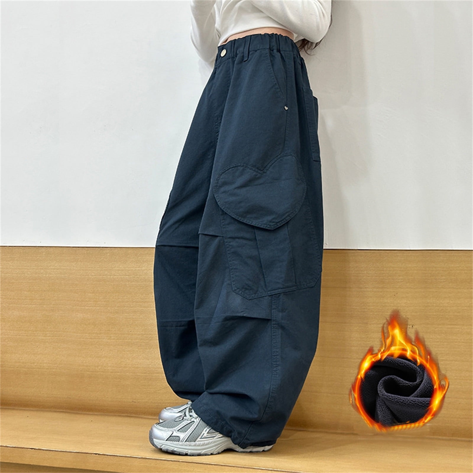 Girls Lined Cargo Pants With Heart Pocket Design Winter Casual Wide Leg ...
