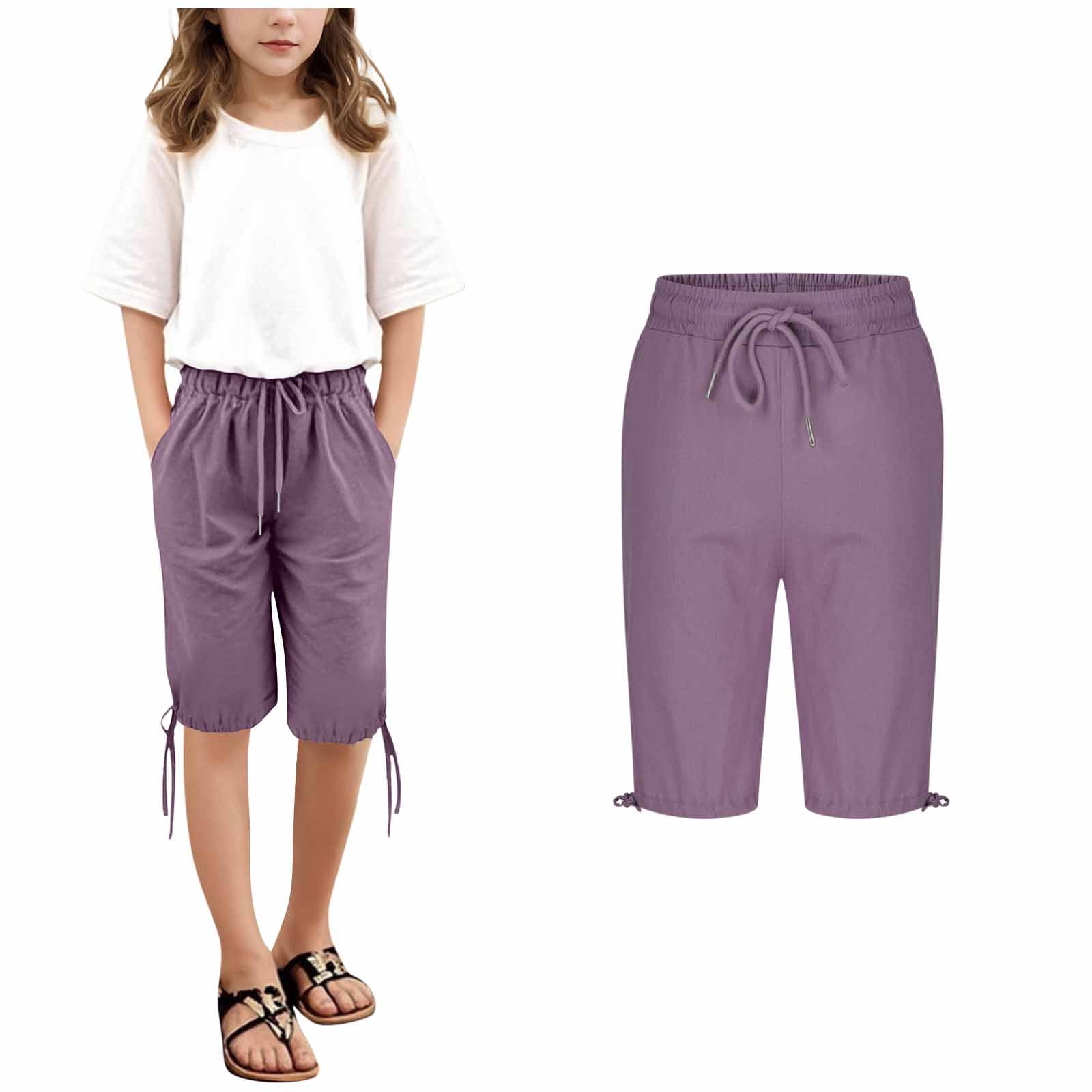 Girls Linen Capris Loose Casual Joggers Pants with Pocket Drawstring ...