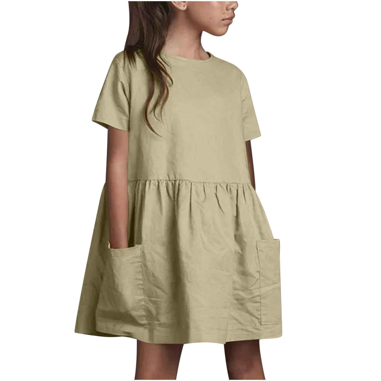 Girls Linen Dresses Crewneck Short Sleeve Cute Midi Casual Sundress ...