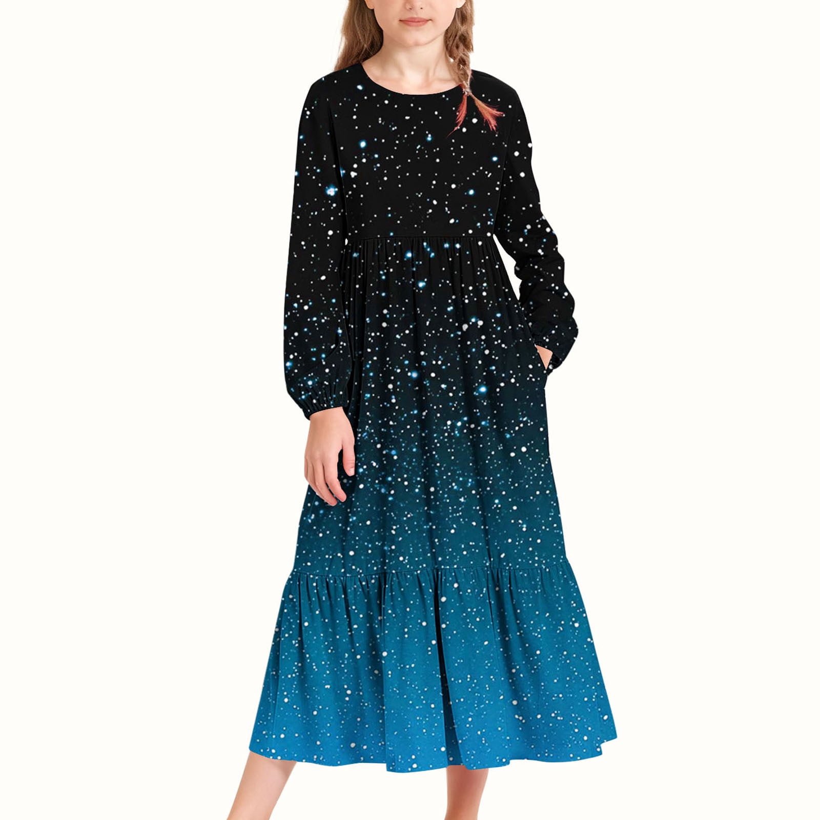 Girls Long Sleeve A Line Swiss Dot Dresses Gradient Print Crew Neck ...