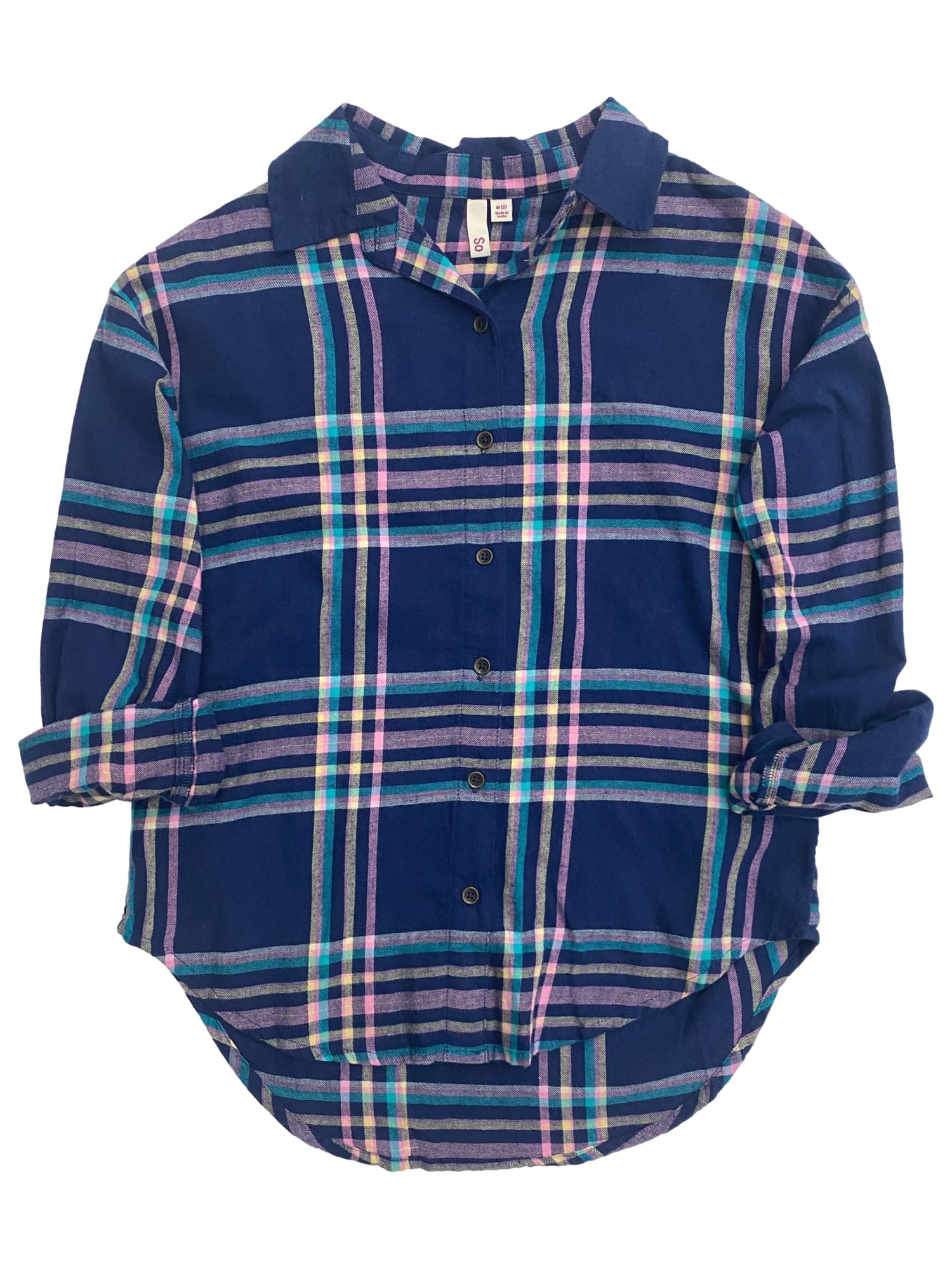 Girls Long Sleeve Blue Pink & Turquoise Plaid Flannel Button-Up Shirt L ...