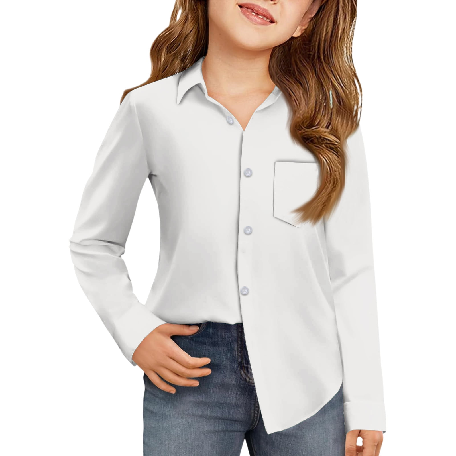 Girls Long Sleeve Button Down Shirt Classic Collared School Uniform ...